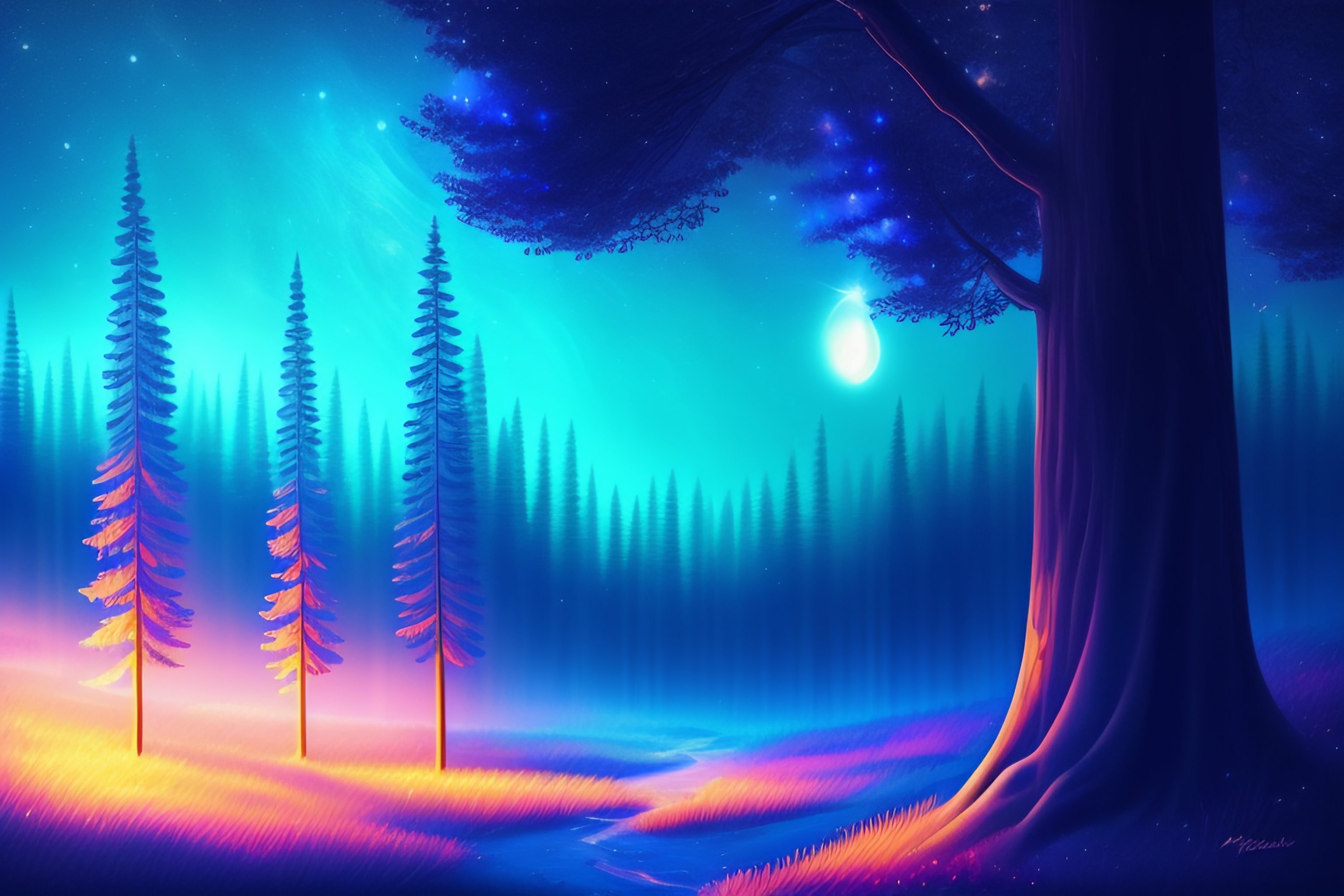 Lexica - Forest trees, galaxy 🌌 digital art blue landscape