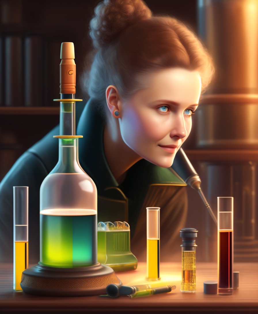 Lexica - Marie Curie portrait, laboratory equipment, test tubes, microscope