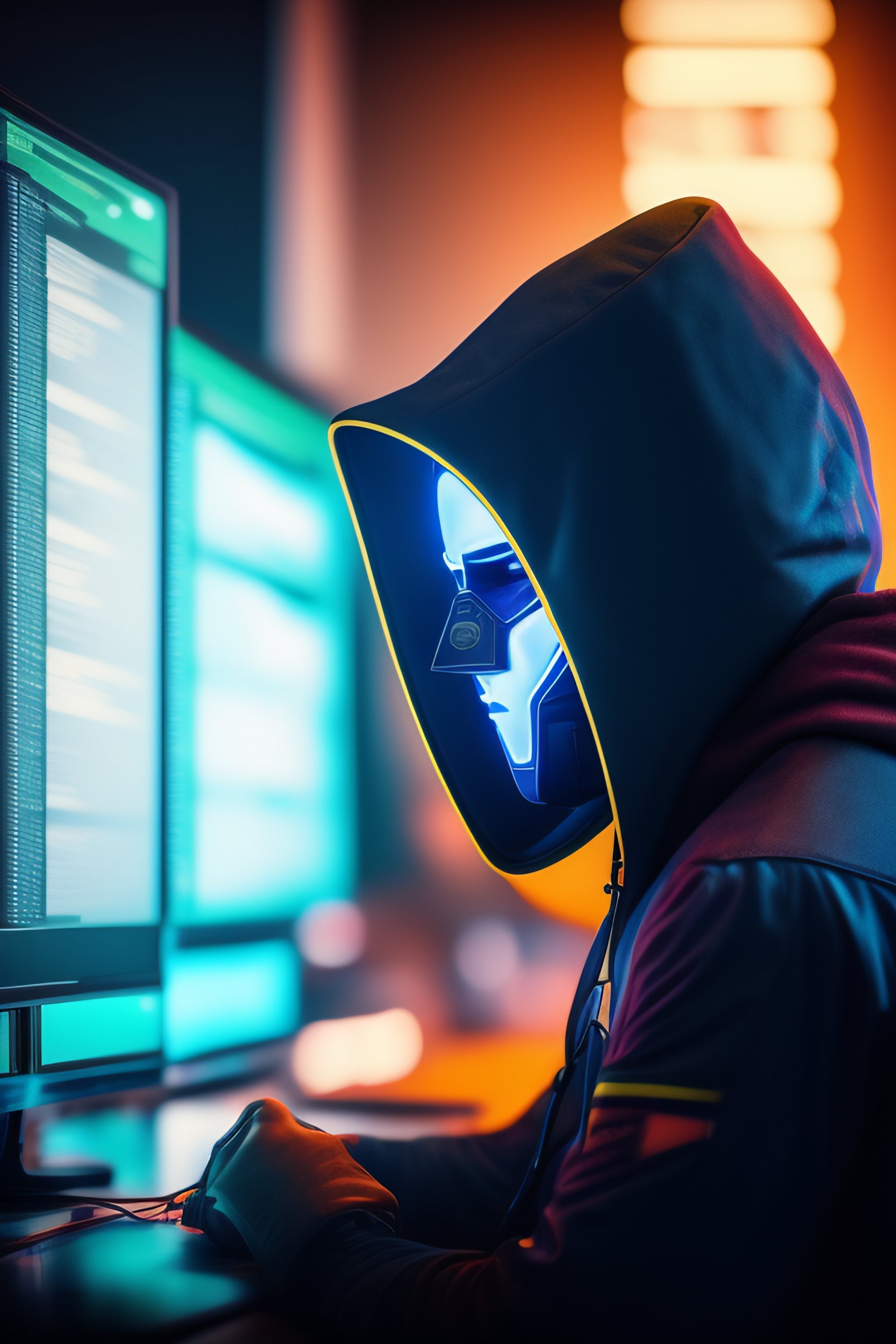 Lexica - Generate an image of a hacker in a mask at a computer with an ...