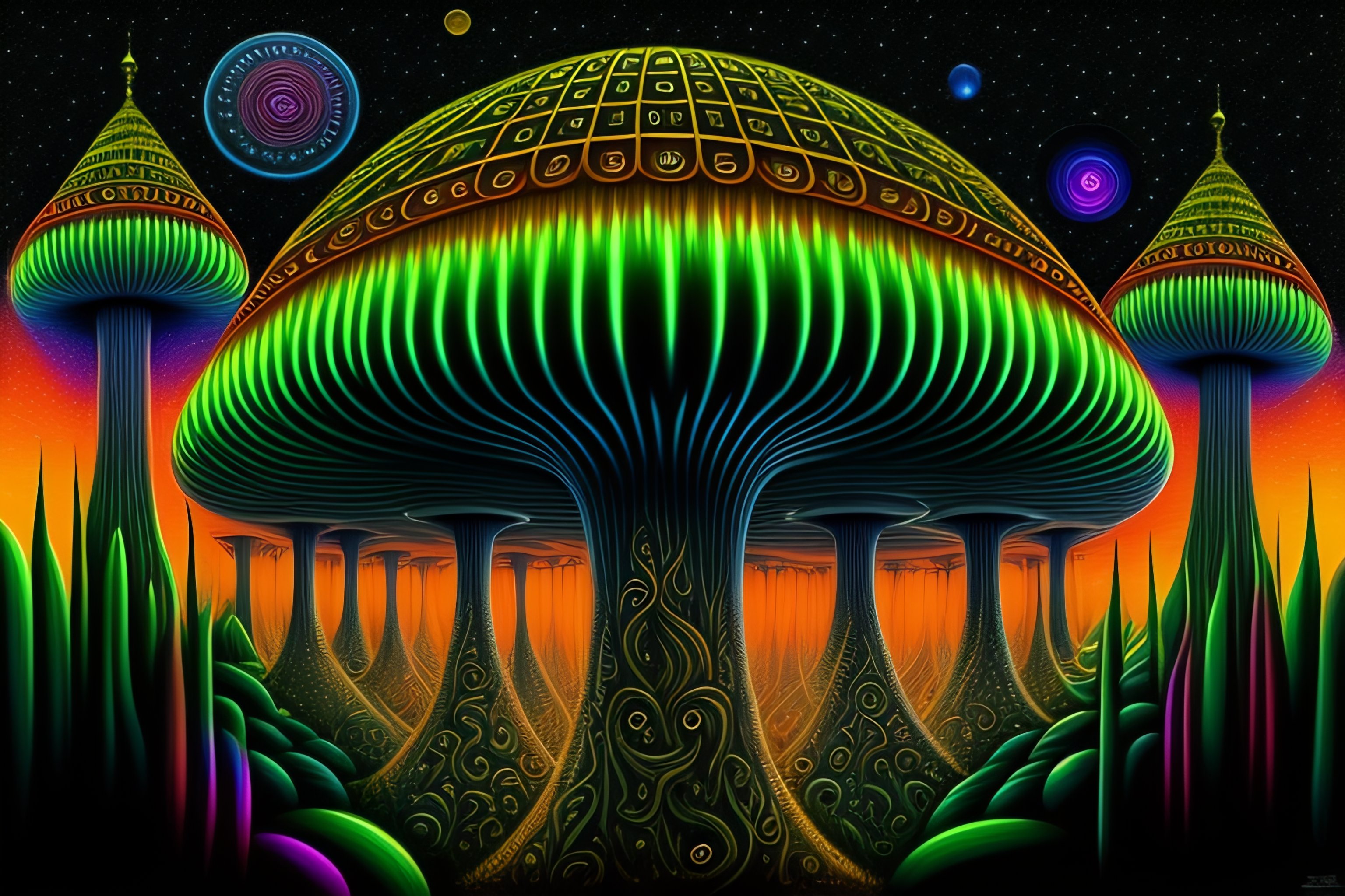 Lexica - Magic mushroom city in the style of H.R. Giger,alex grey