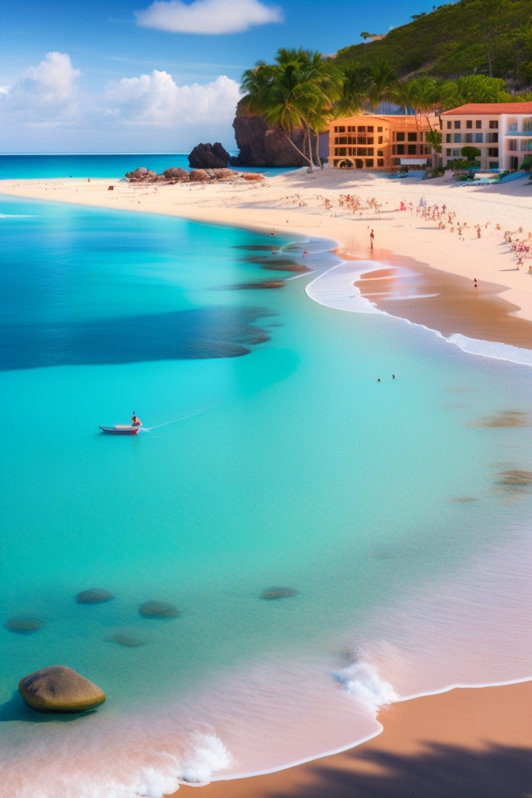 Lexica - A picturesque beach setting with clear blue skies, sparkling ...