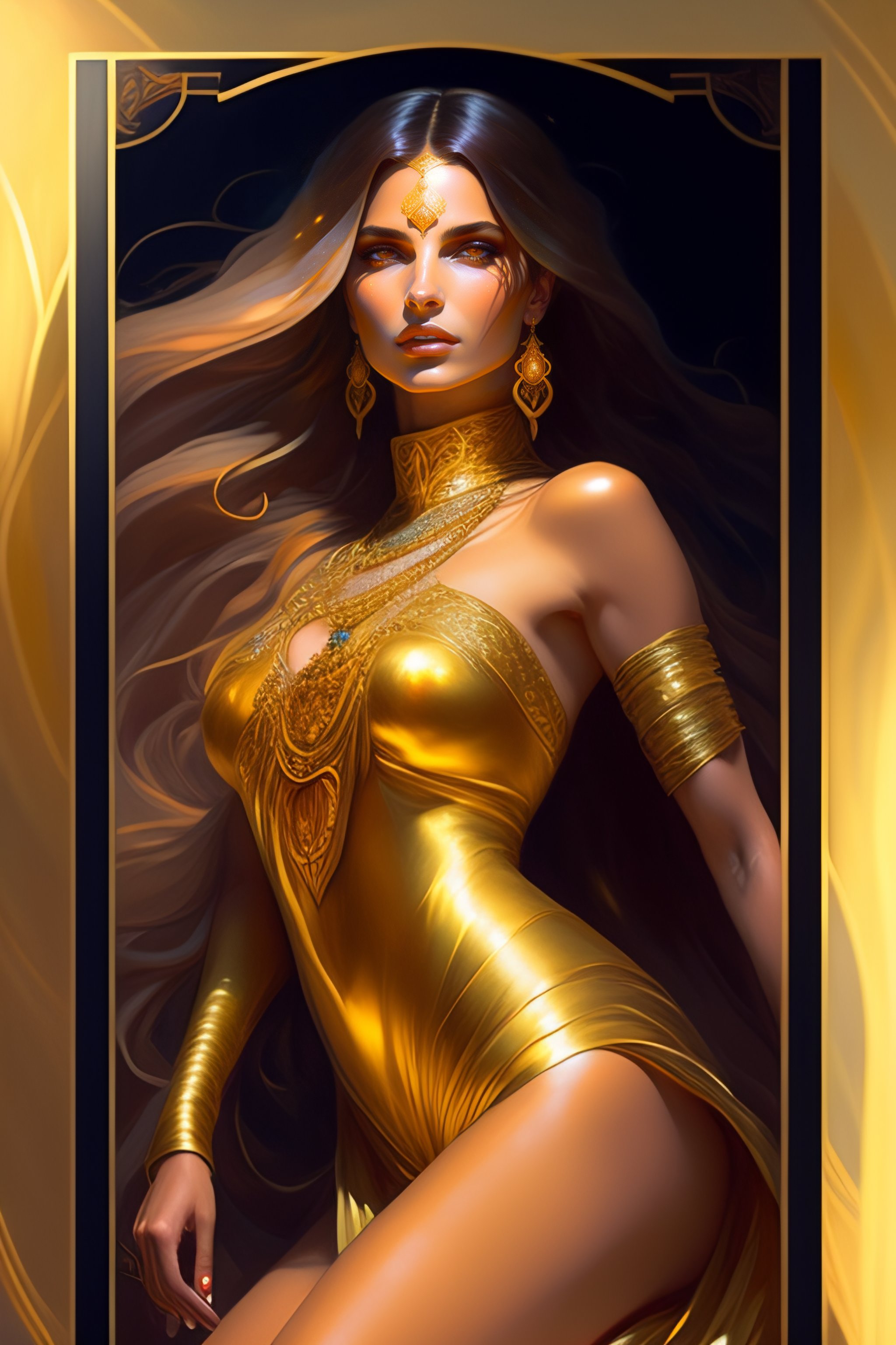 Lexica - A beautiful cinematic female sand goddess, emily ratajkowski, golden and black dress ...