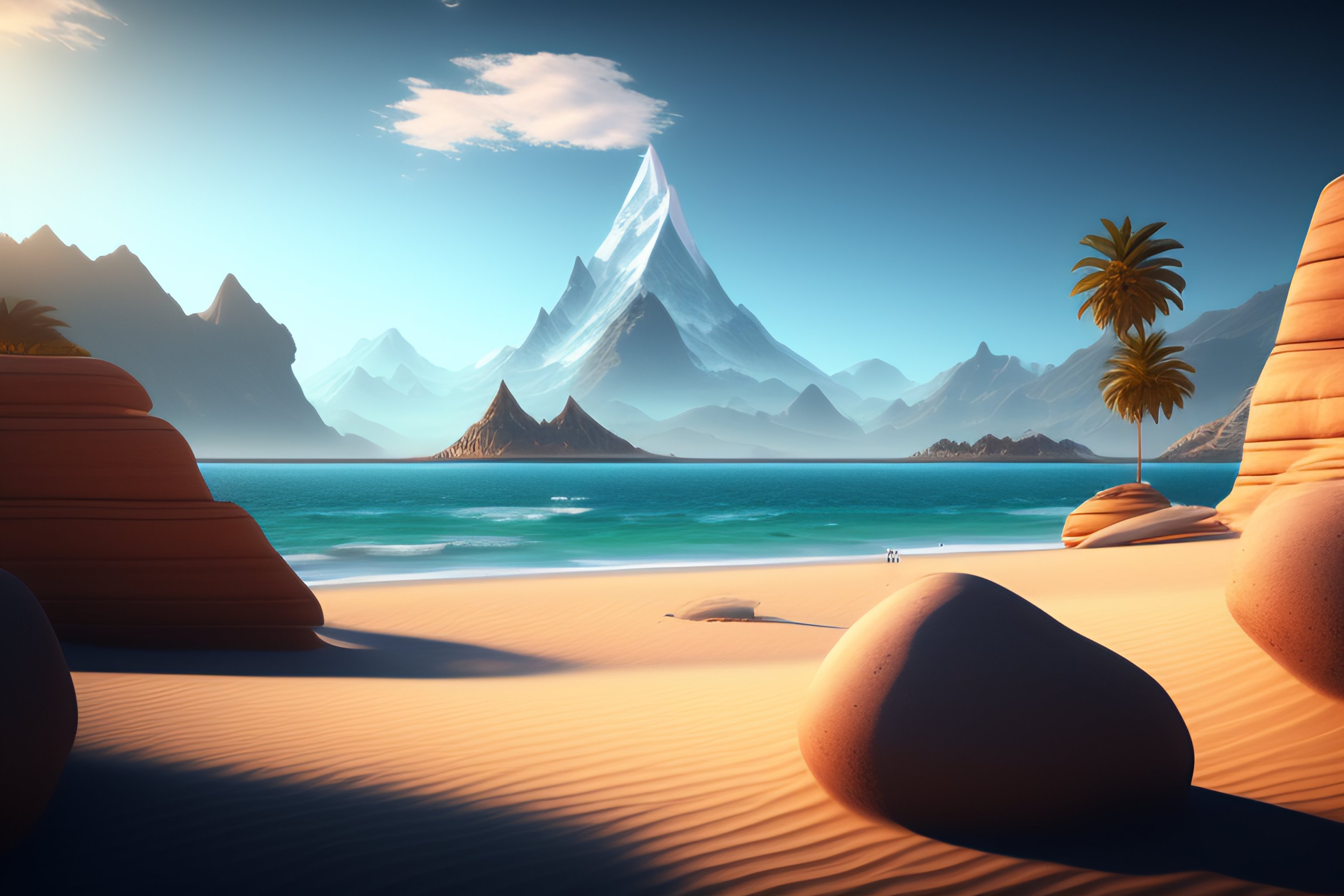 Lexica - Artstation scifi 3D scene of a showing a beach, palms, with a ...