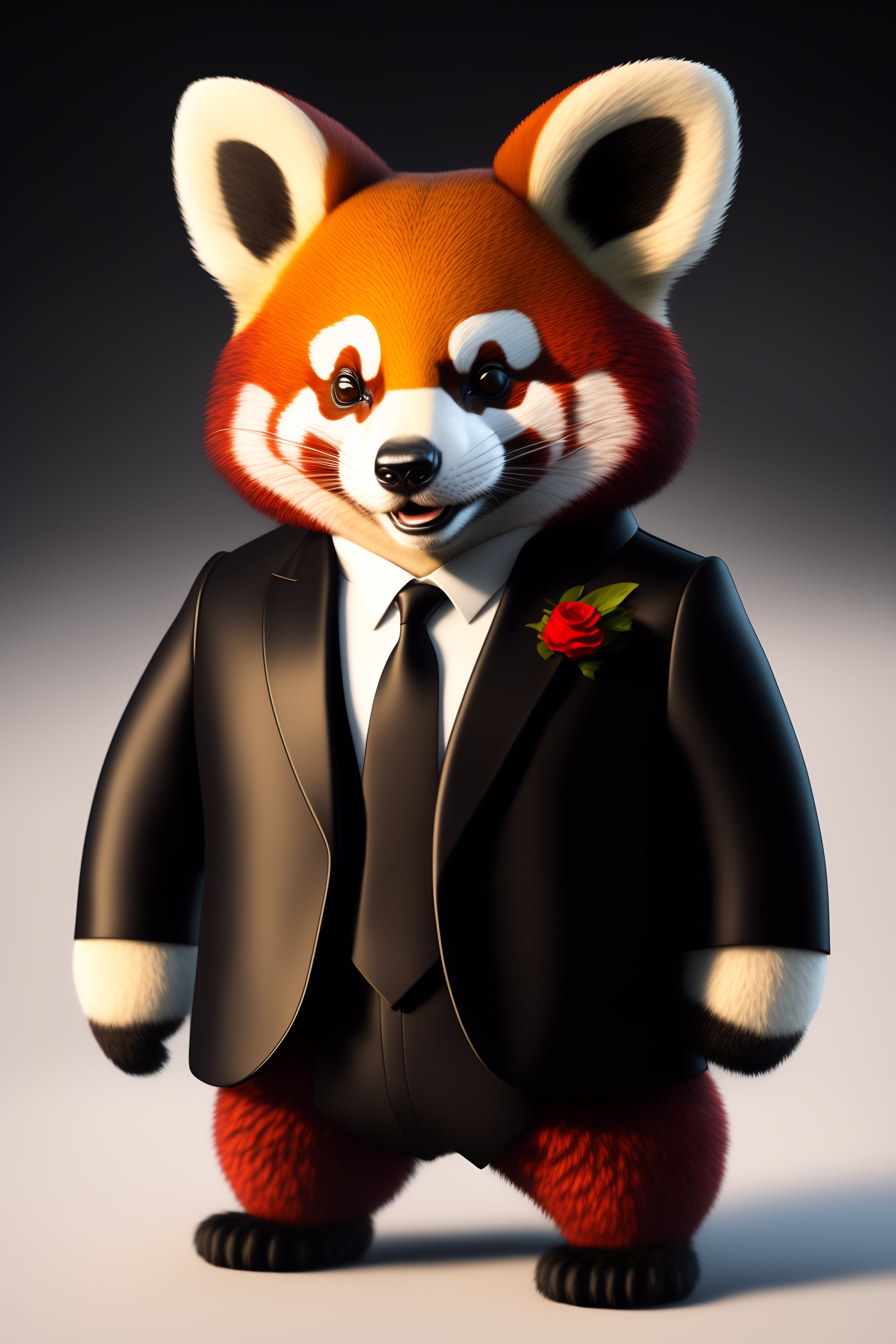 Lexica - Anthropomorphic red panda in a bodyguard black suit, smiling face