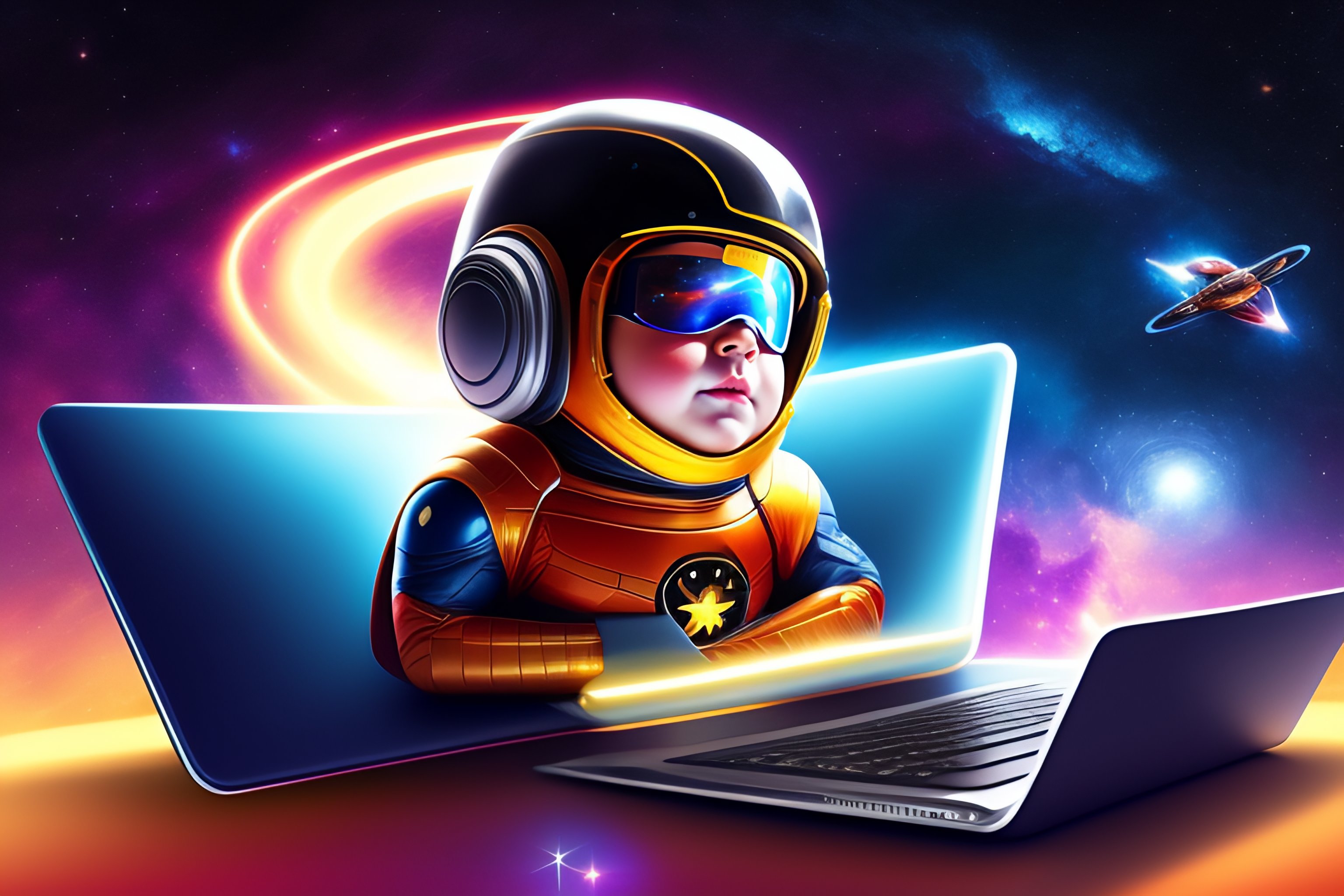 Lexica - A superhero flying and coding a laptop in the galaxy around ...