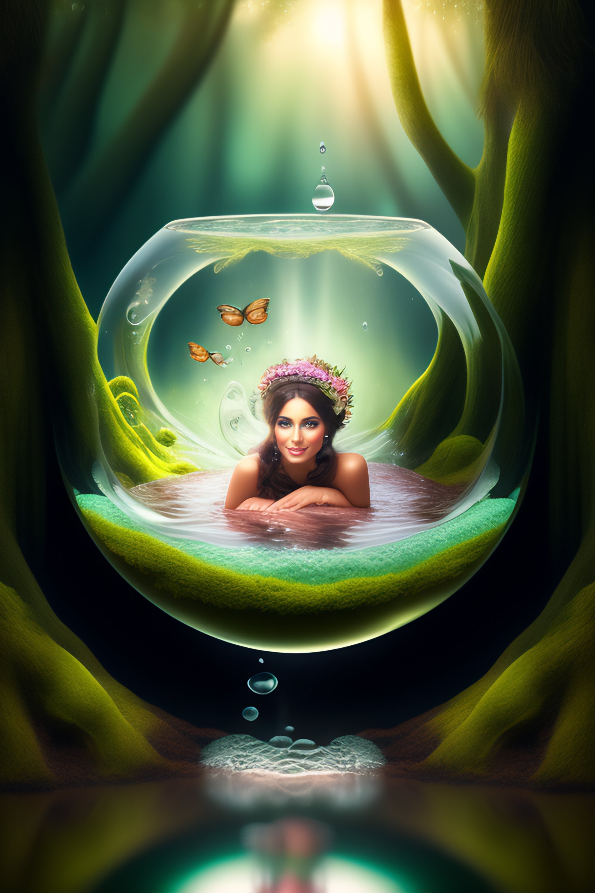 Lexica - A beautiful female fairy bathing in a teacup that is floating ...