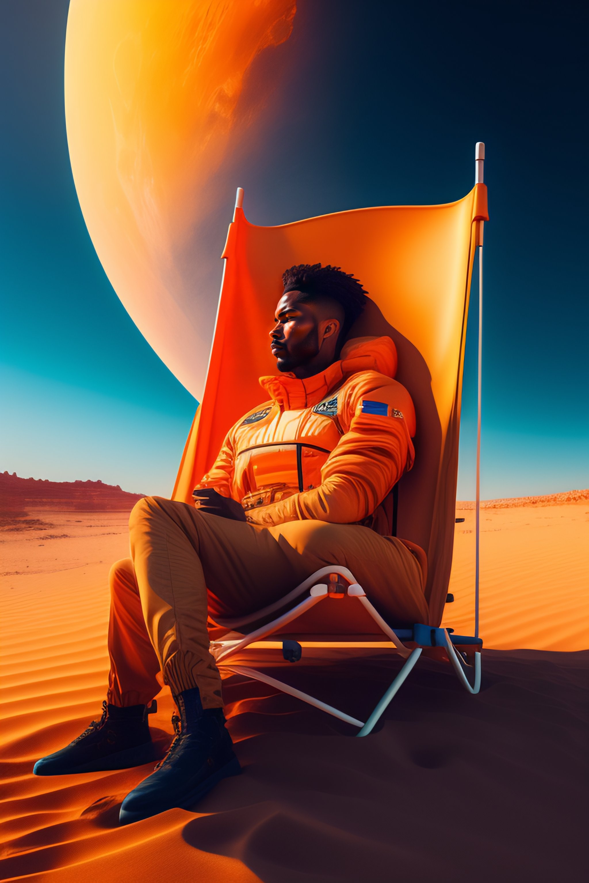 Lexica - A man resting on mars in a beach chair, vibrant lighting ...