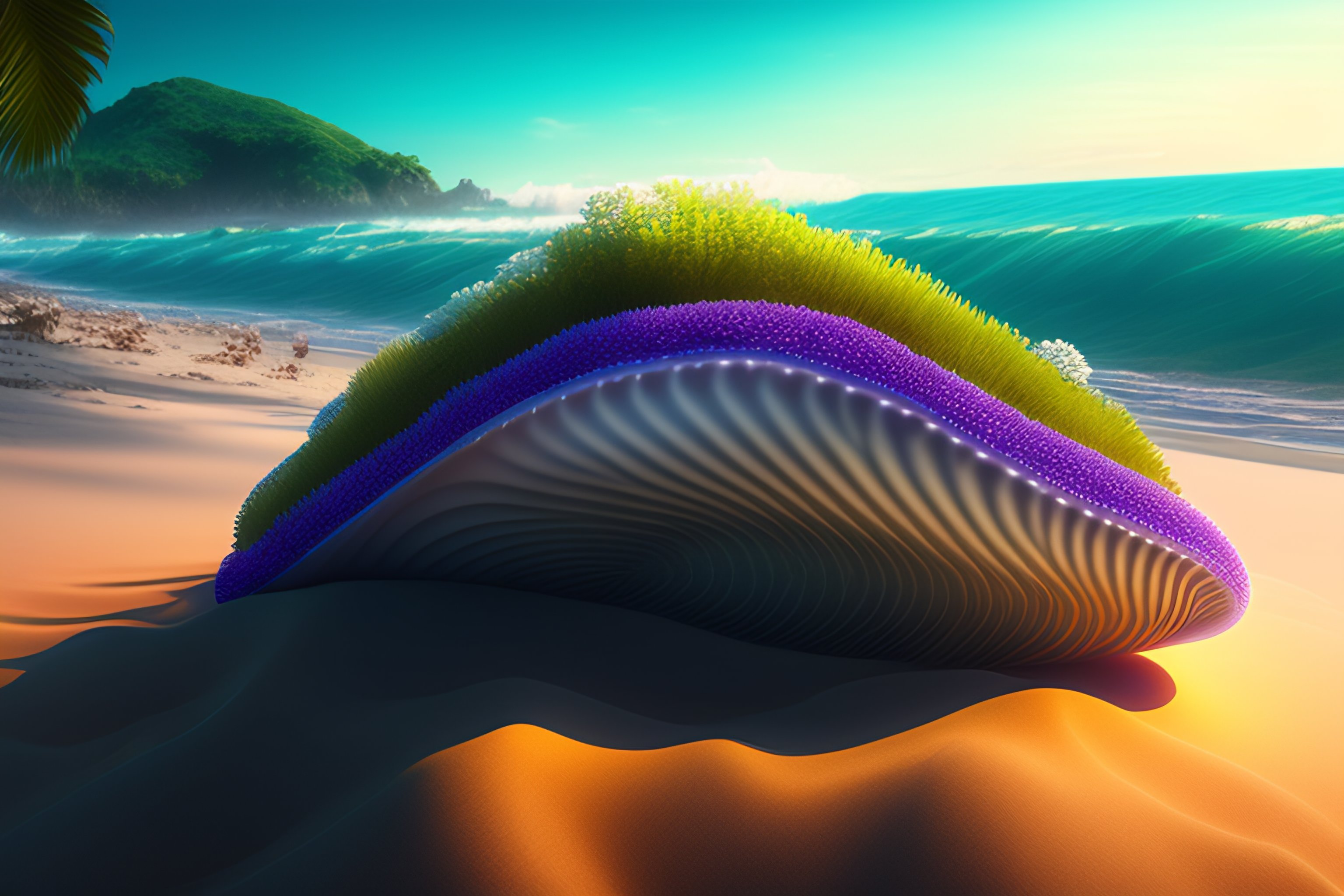 Lexica - Giant shell clam monster on tropical beach sand with ...