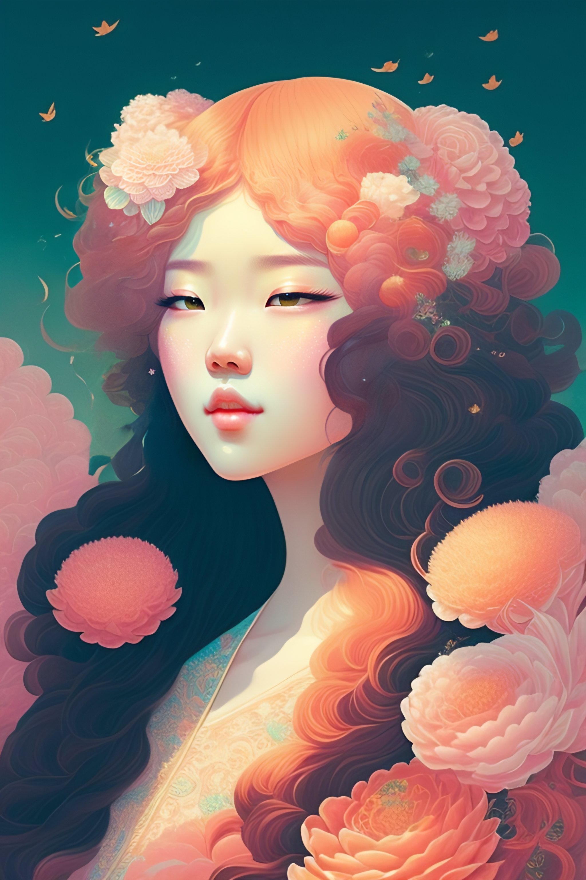 Lexica - Beautiful cute portrait Korean ninfa, big long curly hair ...