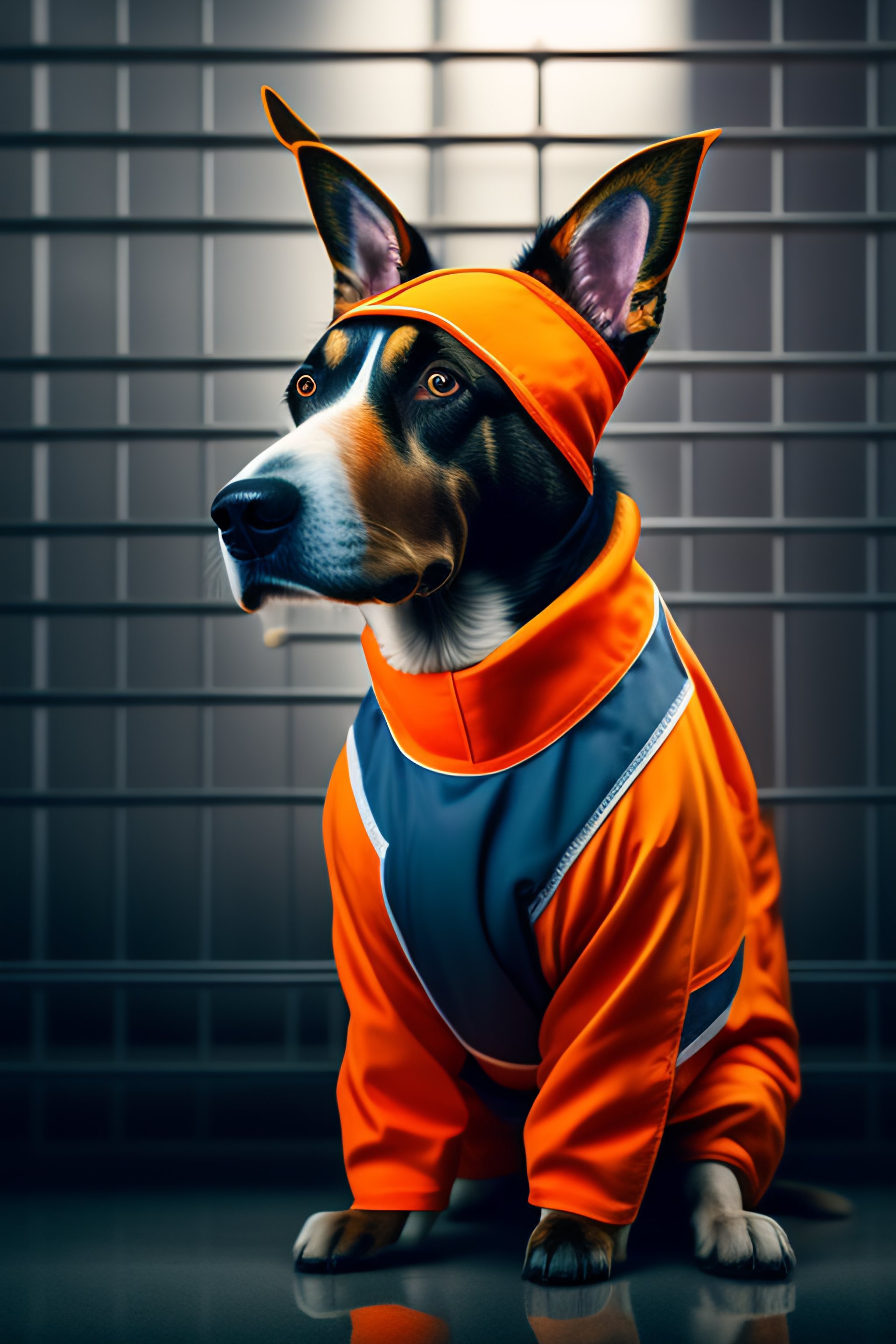 Lexica - A humanoid dog wearing inmate orange jumpsuit outfit in prison ...
