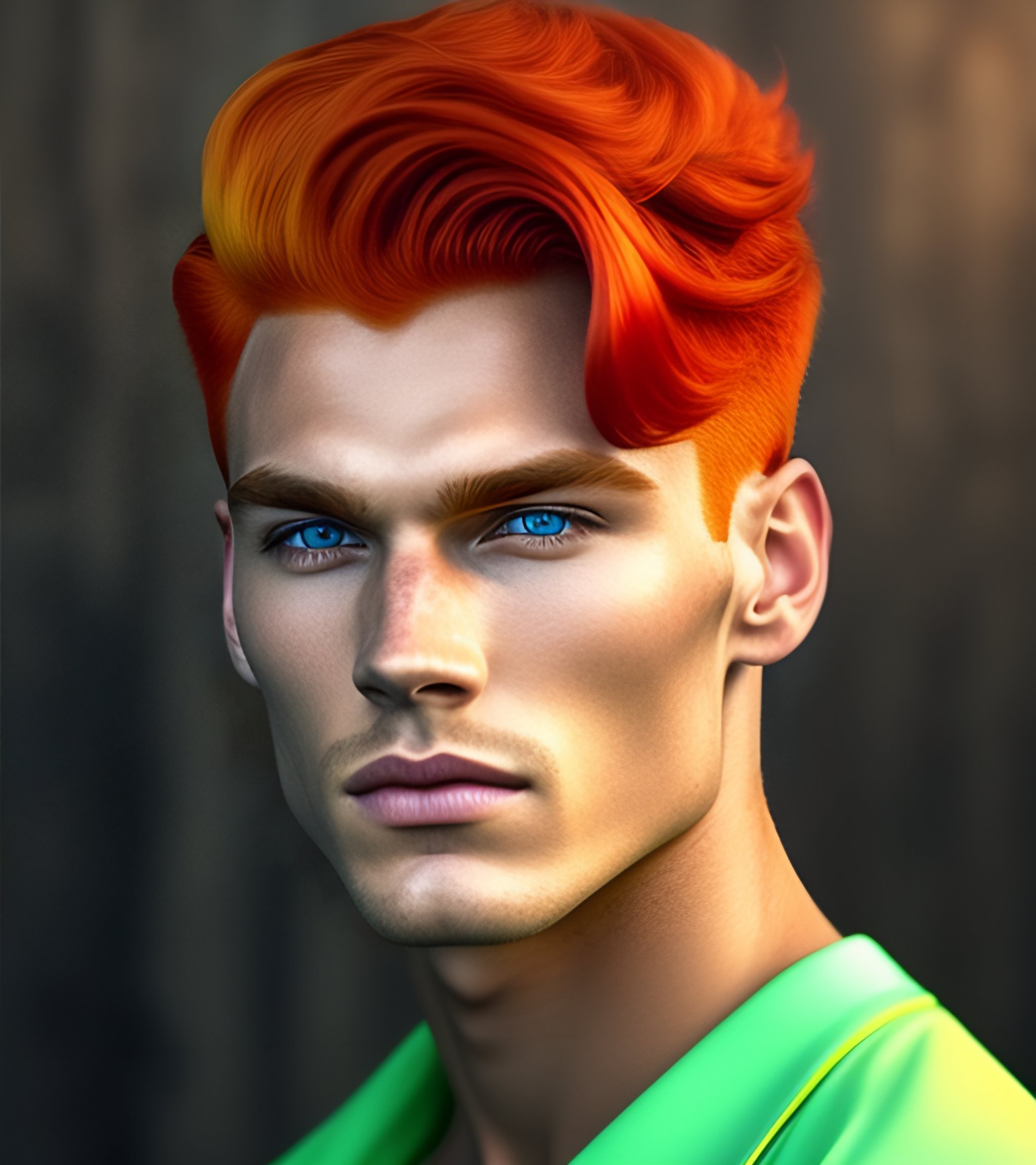 Lexica - Male Ruby Jim, red hair, with blue eyes, green shirt, yellow skin