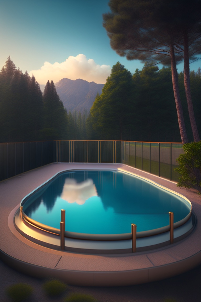 Lexica - A fenced water pool with a lock, camera image, to the side.