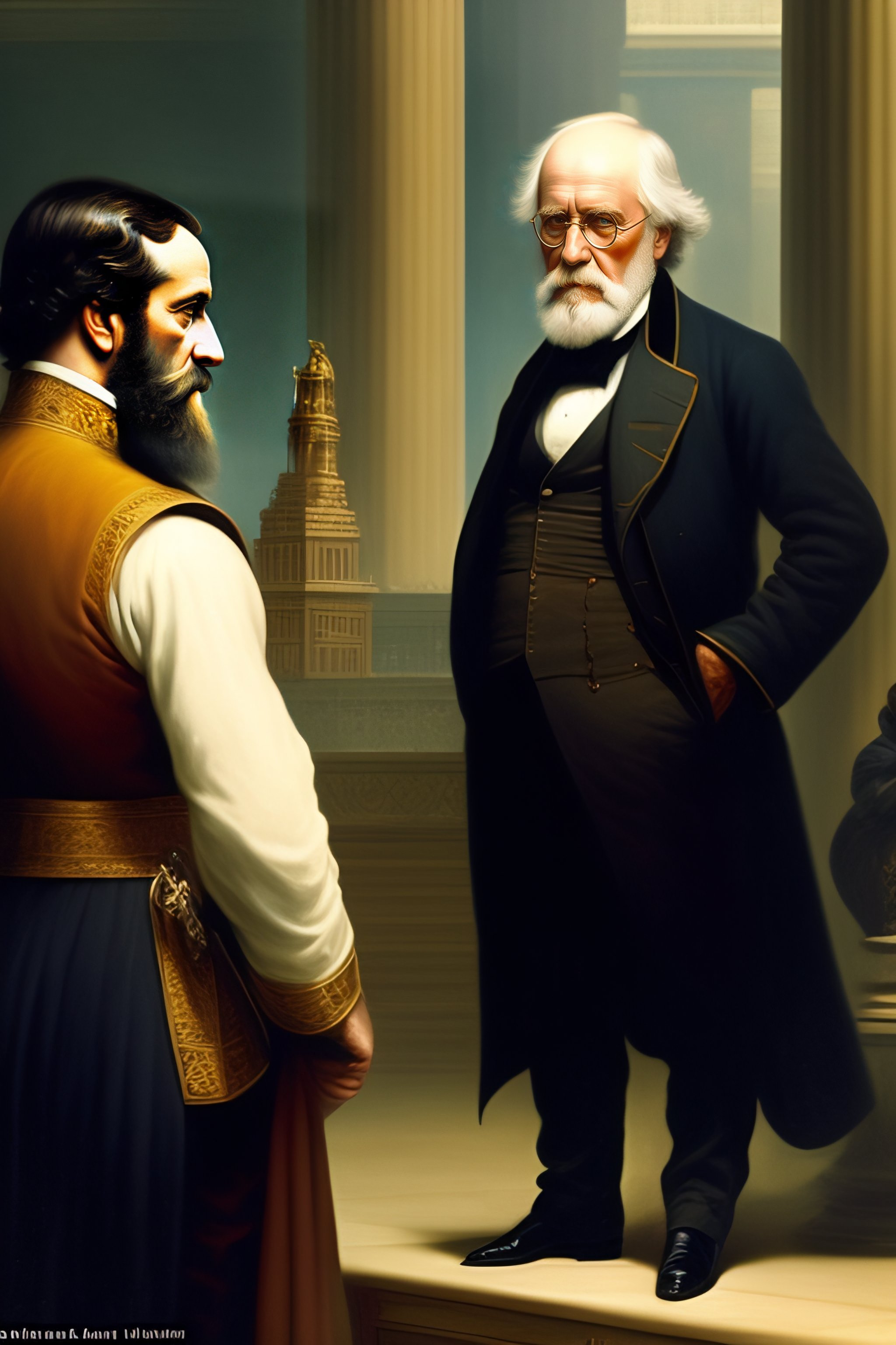 Lexica - Charles Darwin stands on the shoulders of Thomas Malthus. A battle rages in the background.