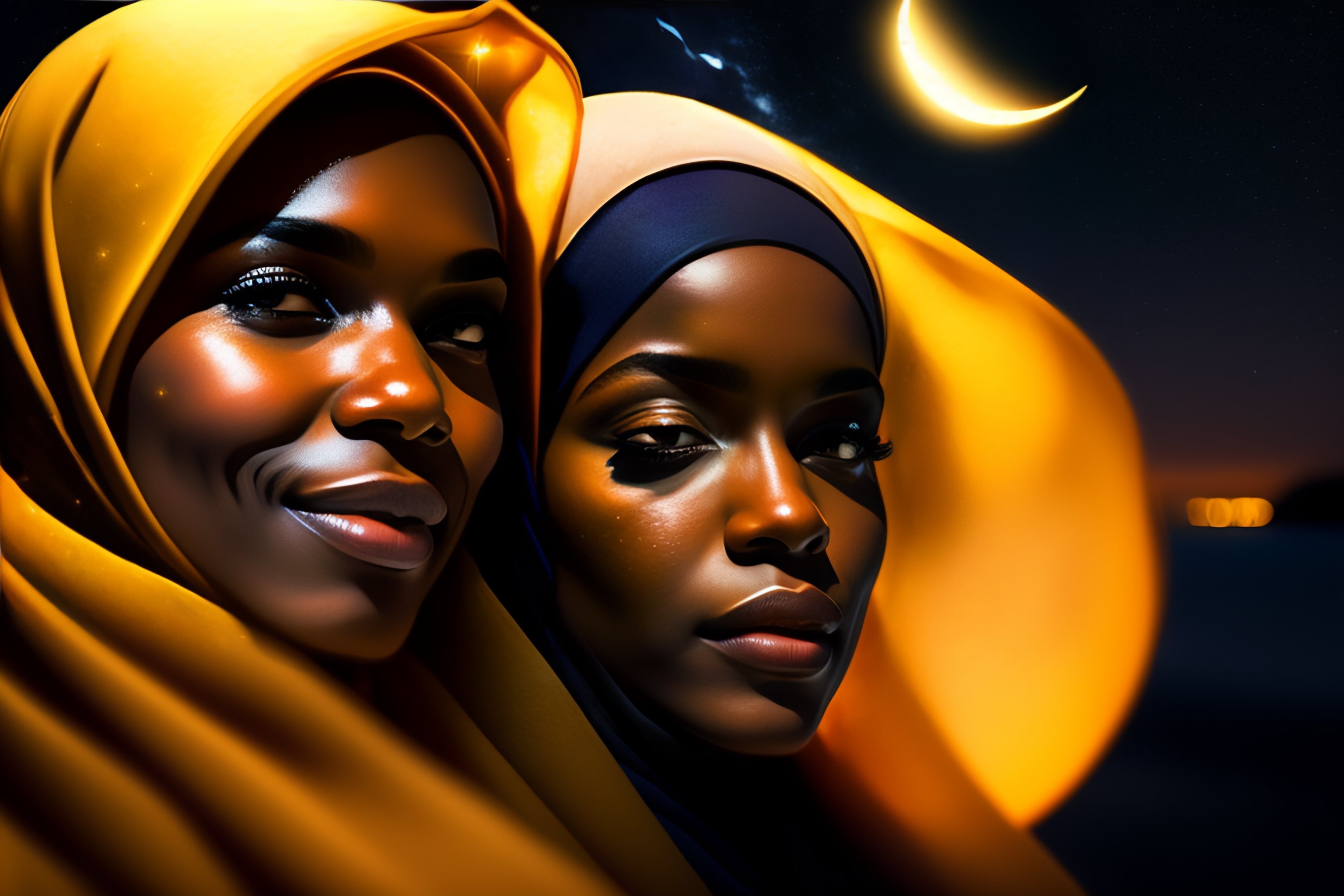 Lexica - Black muslima with golden hijab looks at the crescent moon in ...