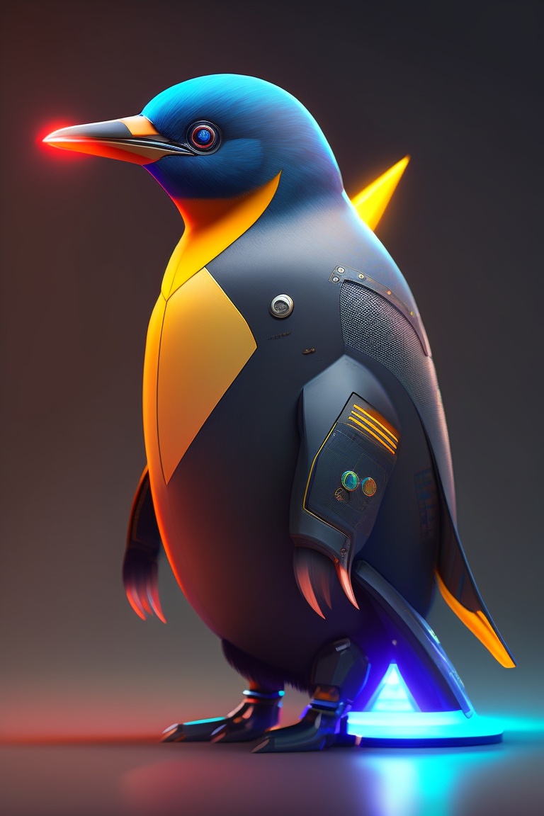 Lexica - Mechanical penguin, cyberpunk, 3d