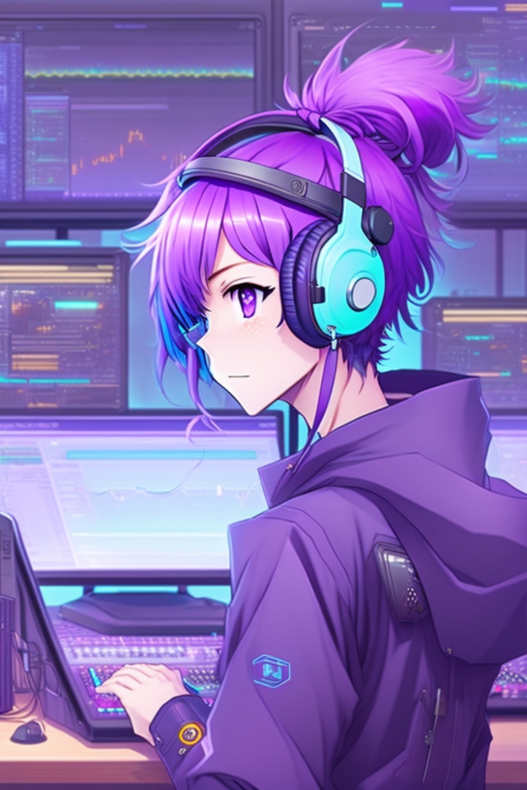 Lexica - Anime boy with purple hair, programming a modular synthesizer ...