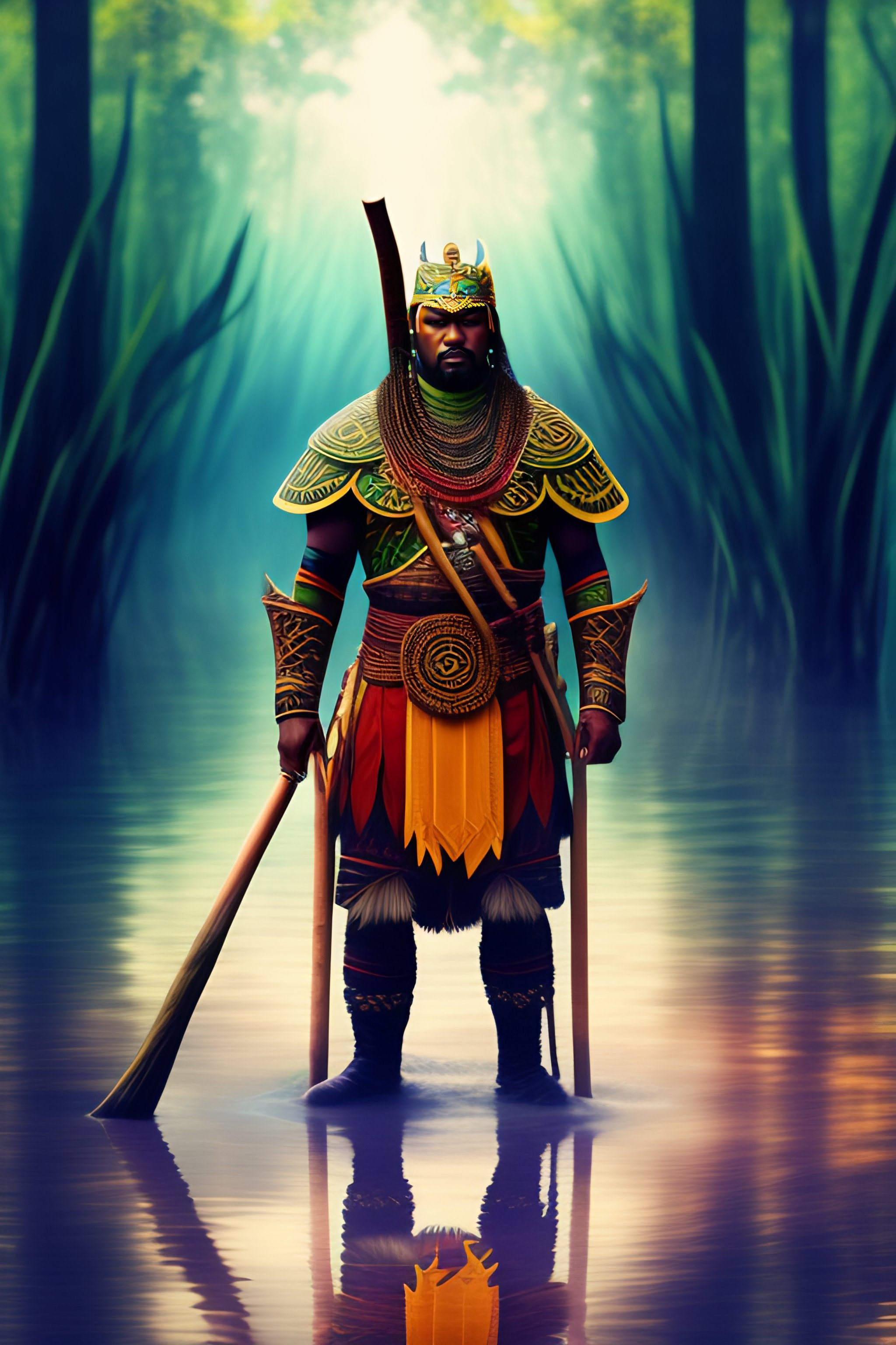 Lexica - Turtle-man standing in a swamp, wearing a tribal outfit, a ...