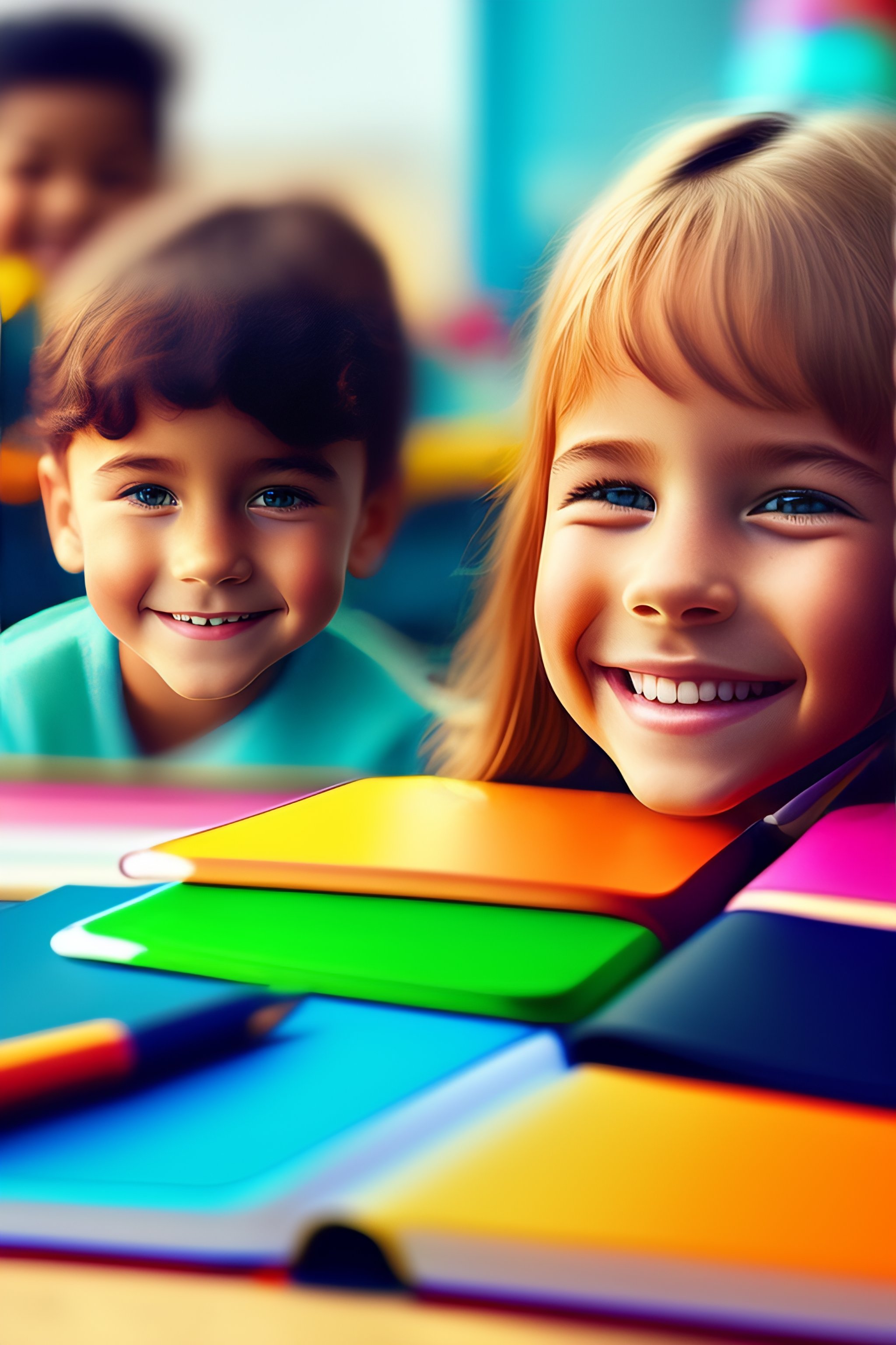 Lexica - Happy children studying looking and smiling at camera with ...