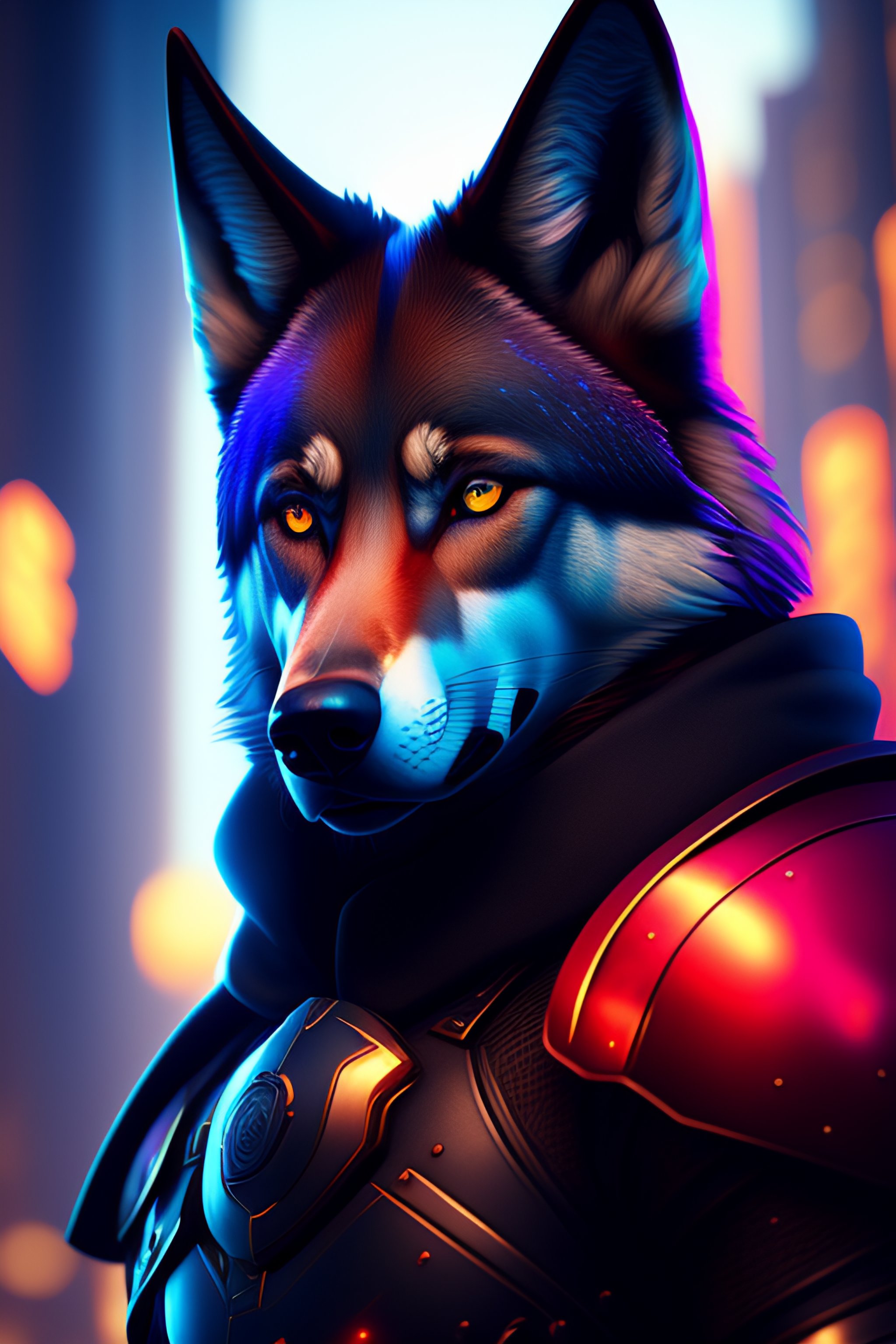 Lexica - Portrait of a male anthropomorphic dark gray wolf with red ...