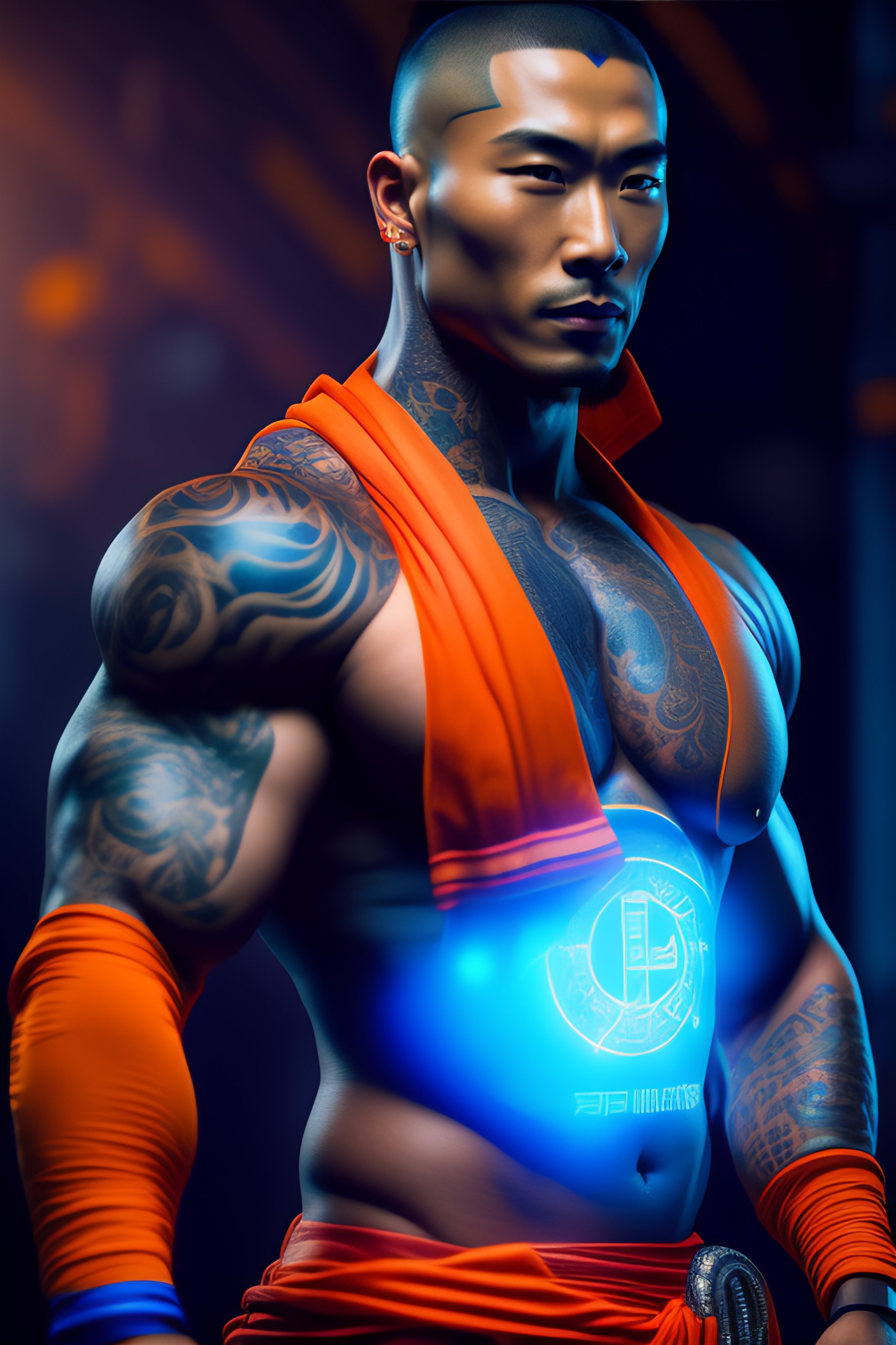 Lexica - Cyberpunk, buddhist monk, blue skin, orange skin, tattoos ...