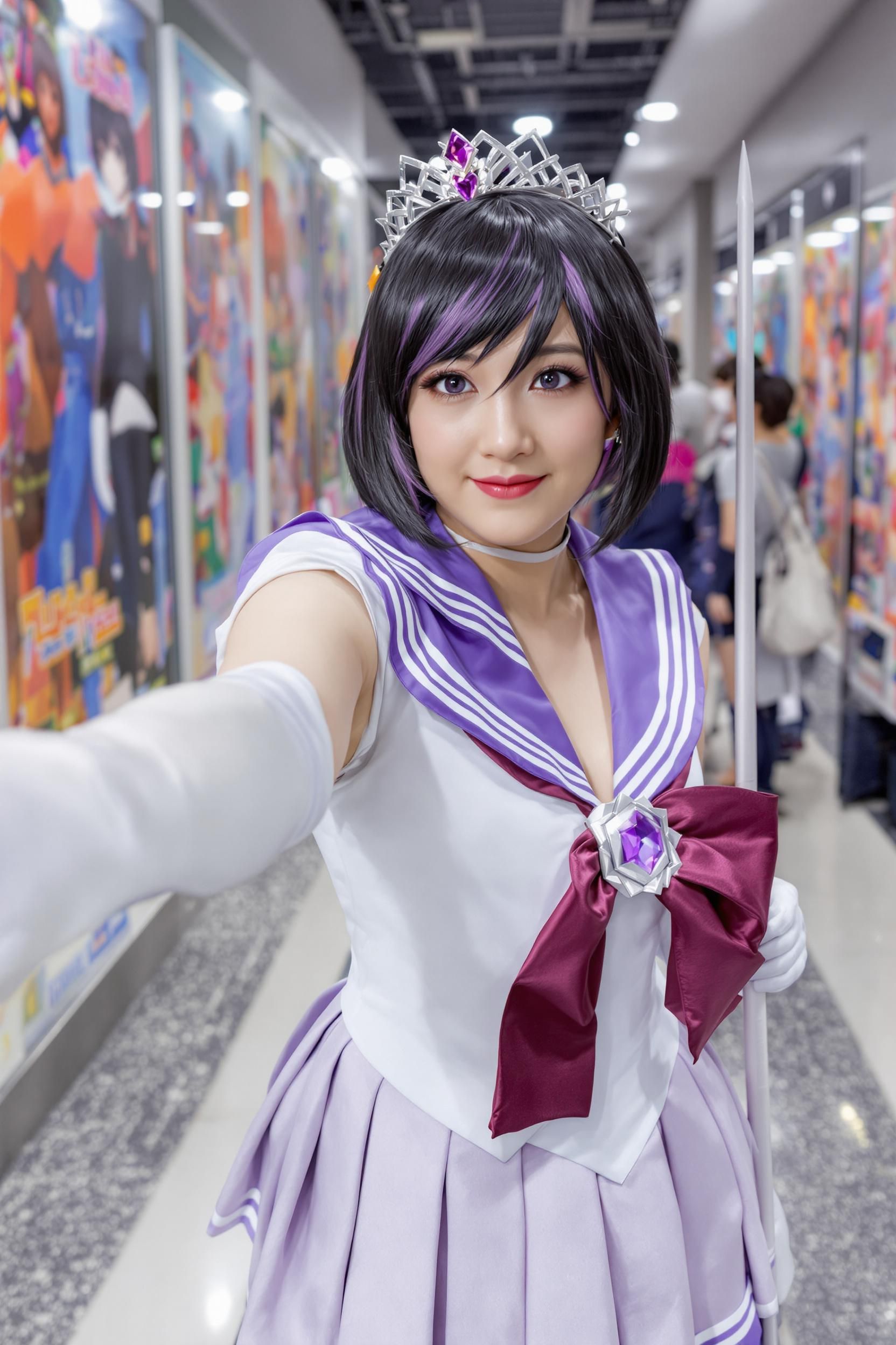 Lexica - A realistic selfie-style portrait of a woman cosplaying as Sailor Saturn, captured from ...
