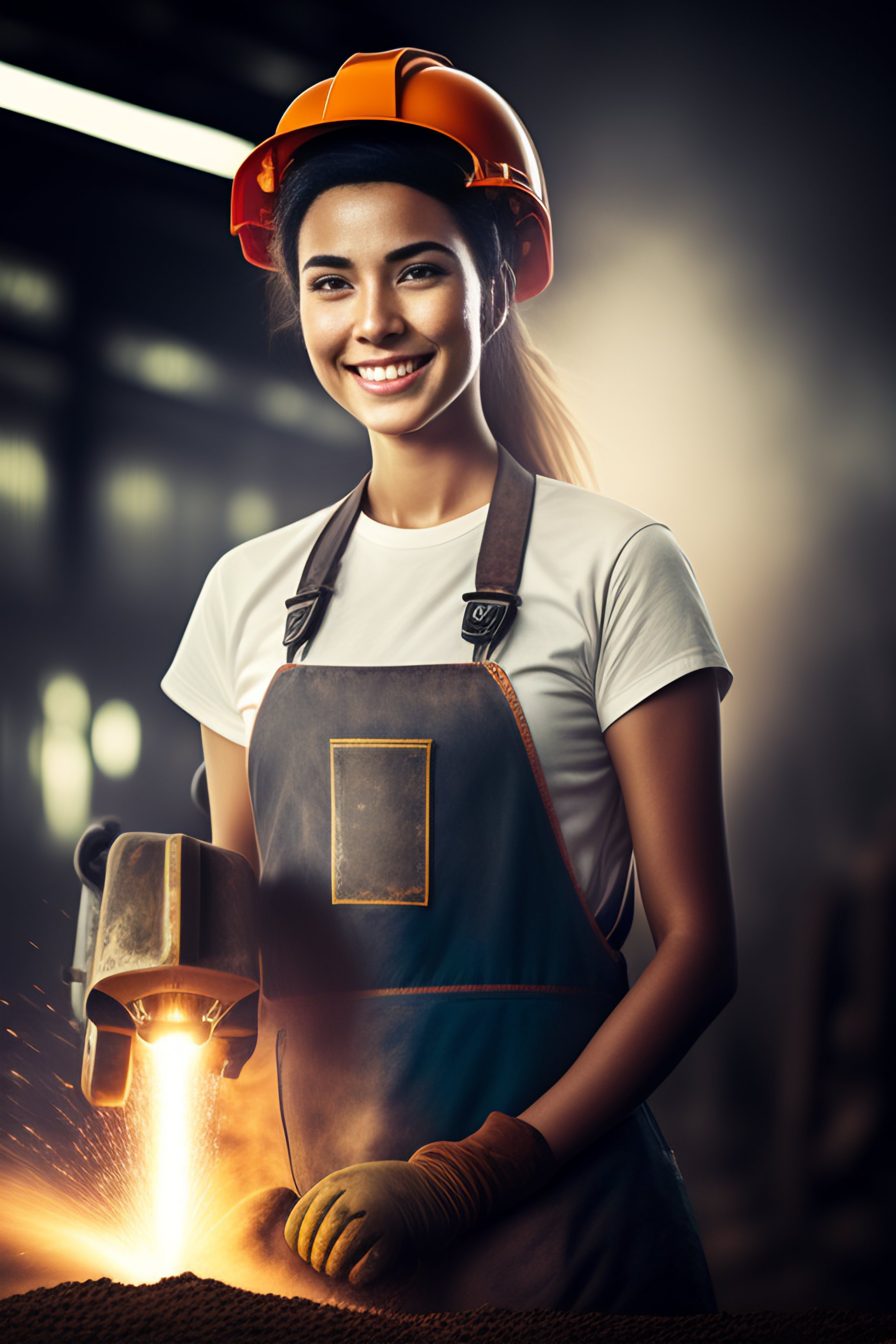 Lexica - A beautiful girl is pictured in a dirty factory, holding an ...