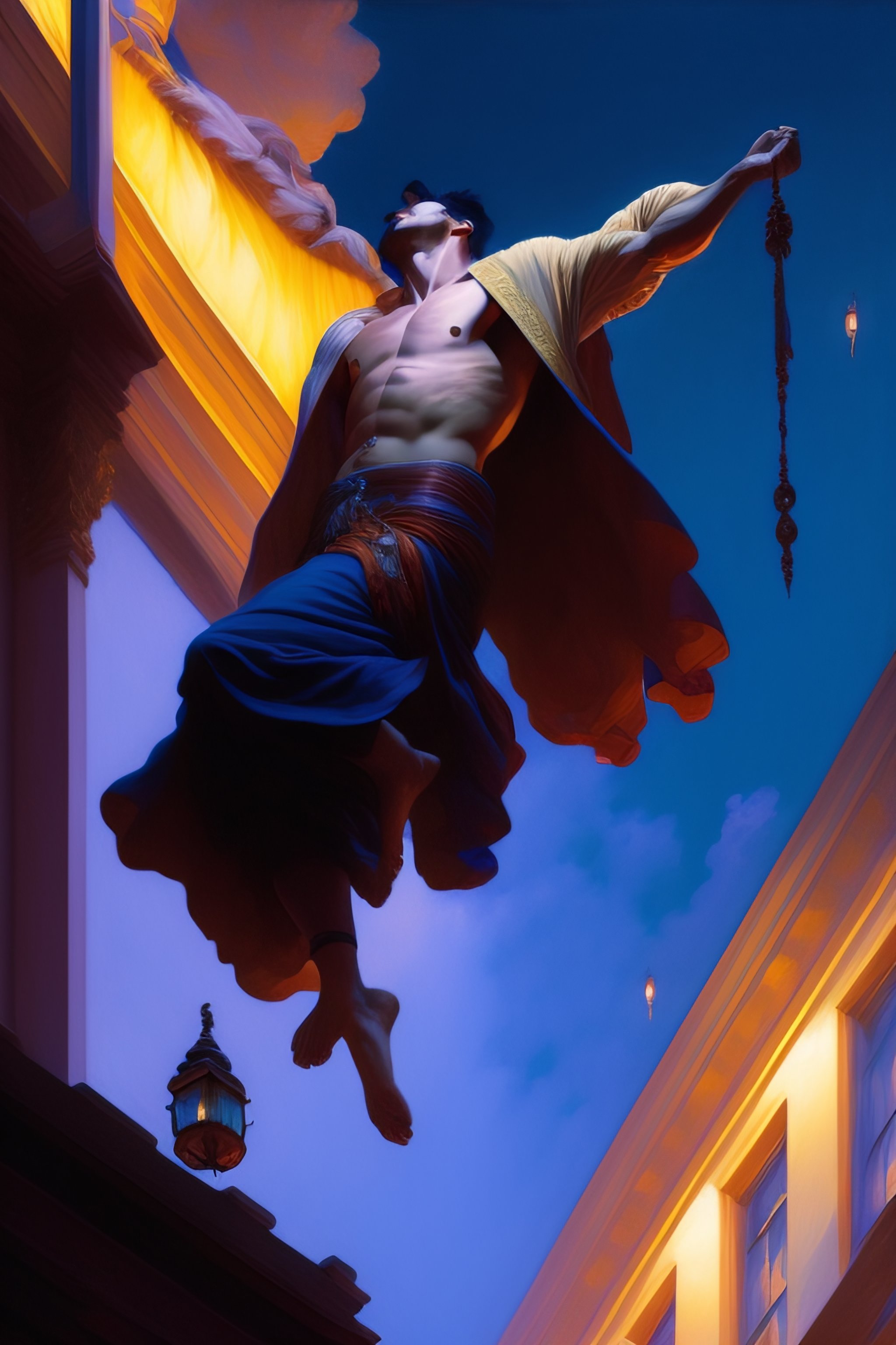 Lexica - A man with a blue robe hanging upside-down FROM THE ROOF by tsuyoshi nagano, greg ...