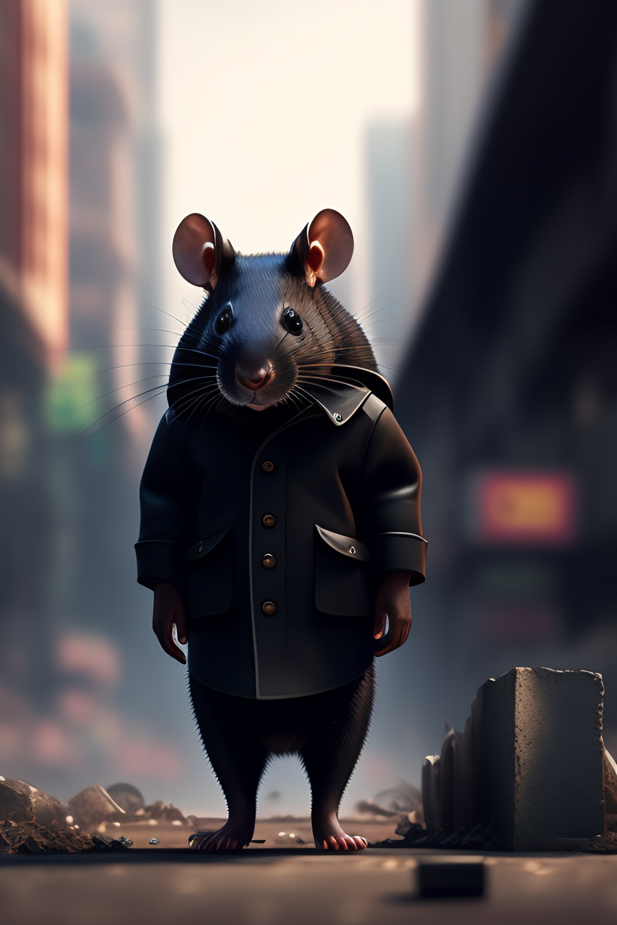 Lexica - A clothed black rat in front of a destroyed city