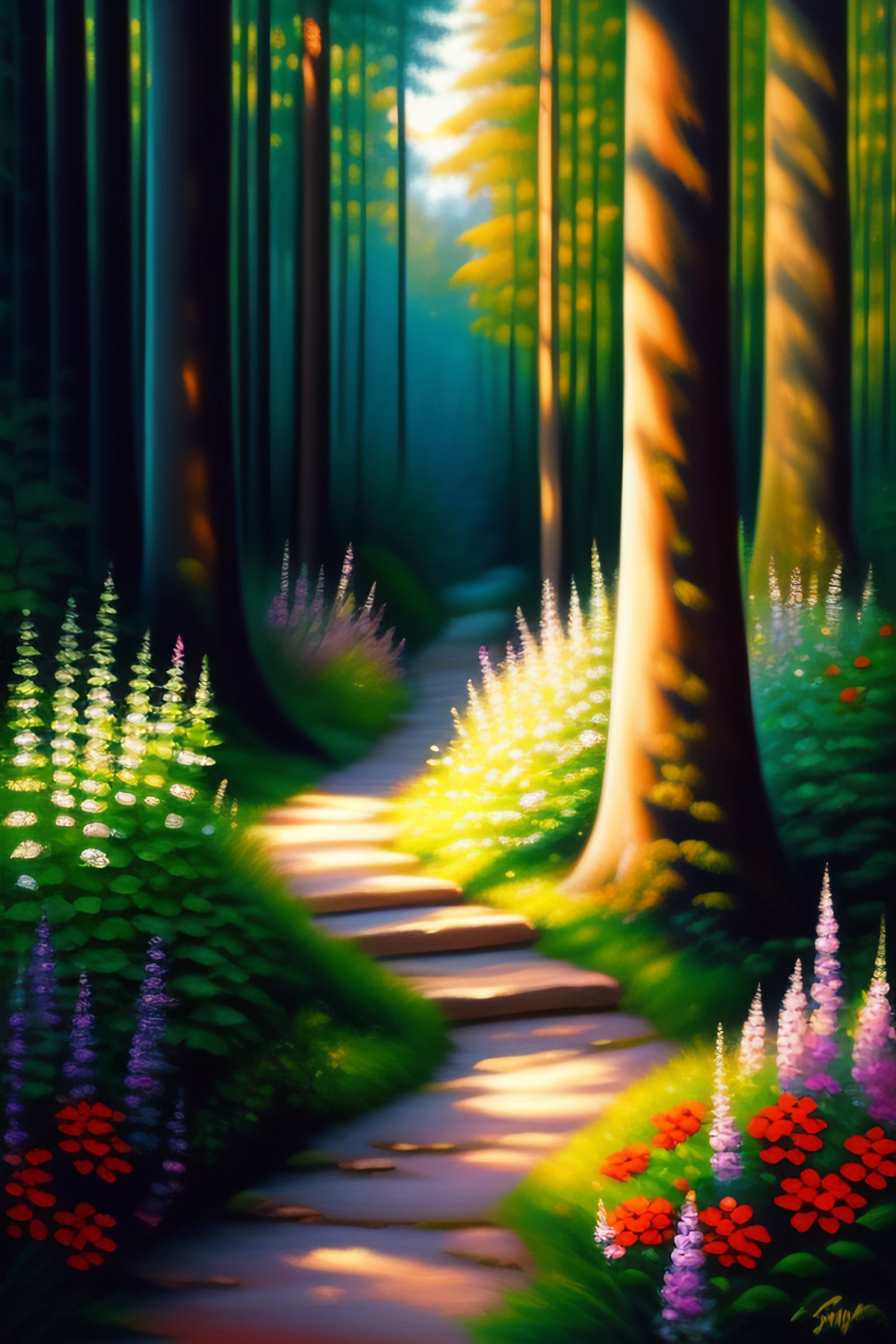 Lexica - Forest garden, chessboard path, oil painting