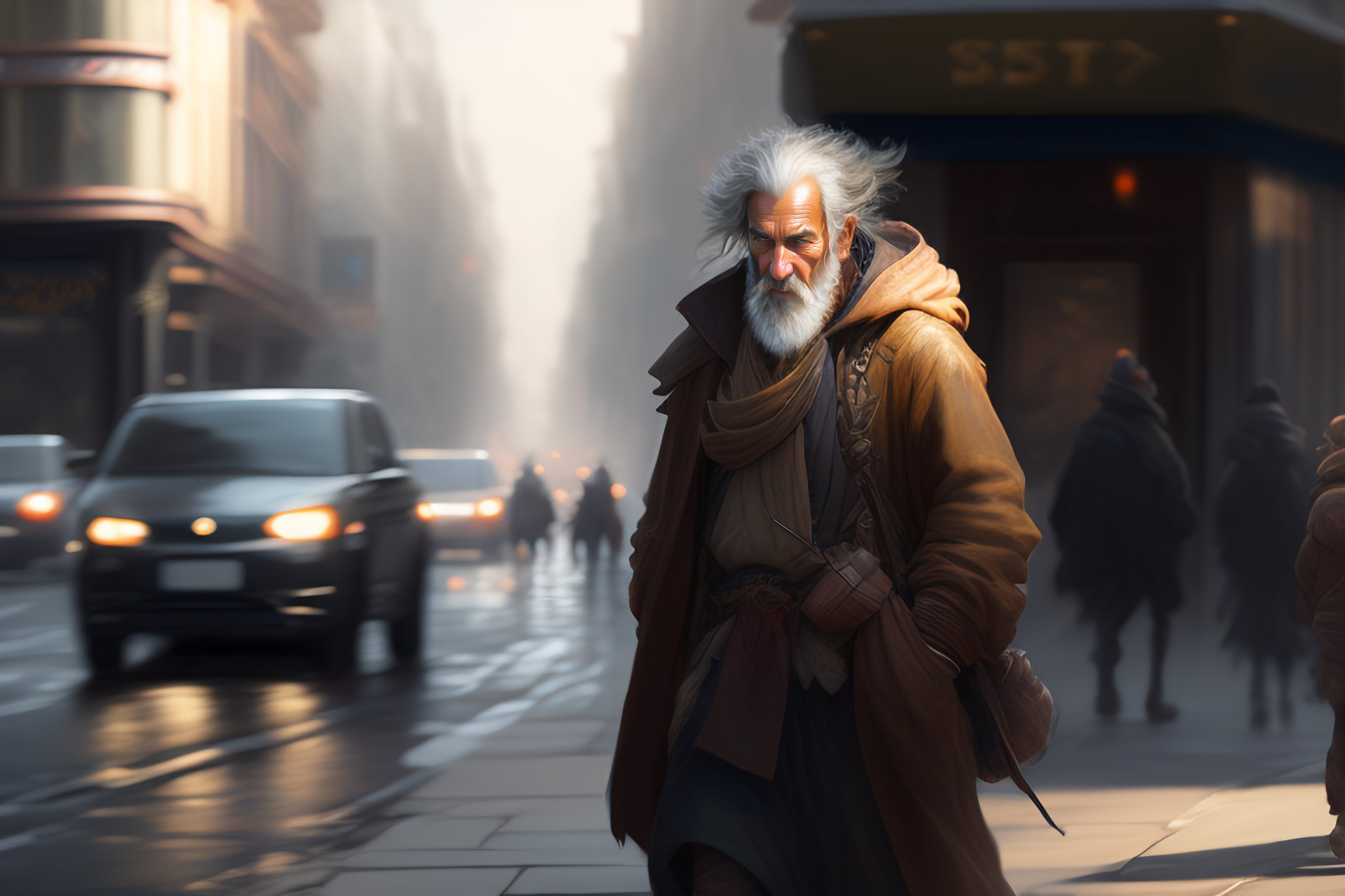 Lexica - Messy haired homeless man walking on the street illustrator ...