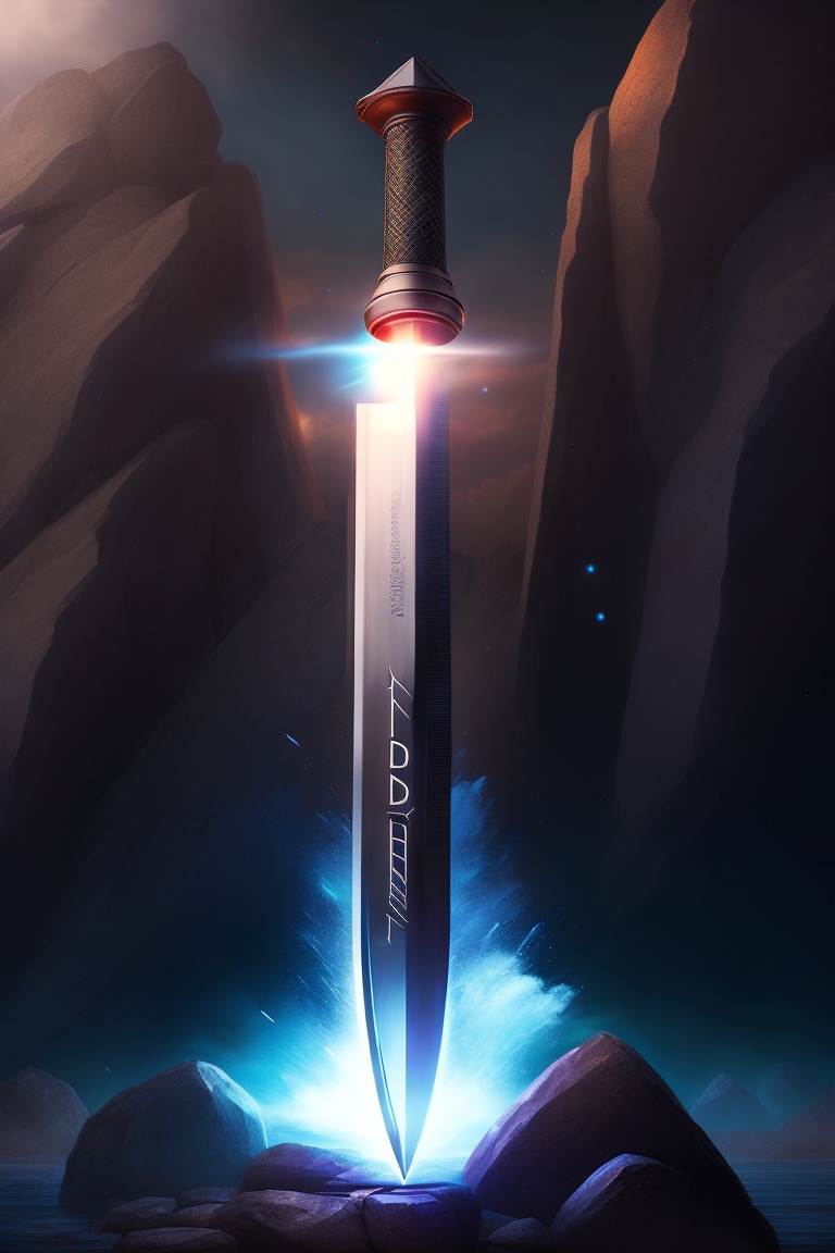 Lexica - The sword Excalibur is stuck in a rusty basalt rock, on the ...