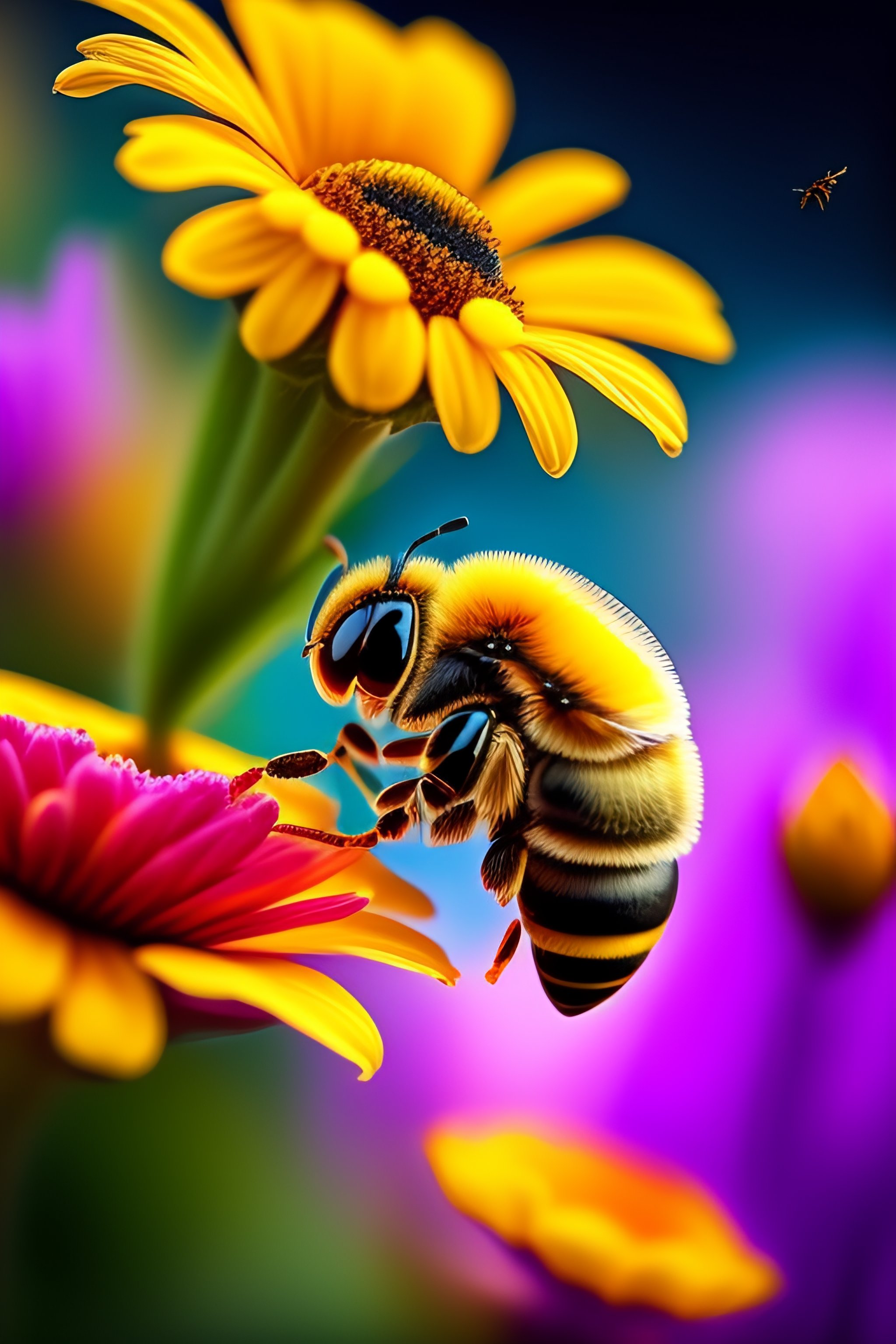 Lexica - Heroic bee flying, big colorful flower, 4k, realistic, dark ...