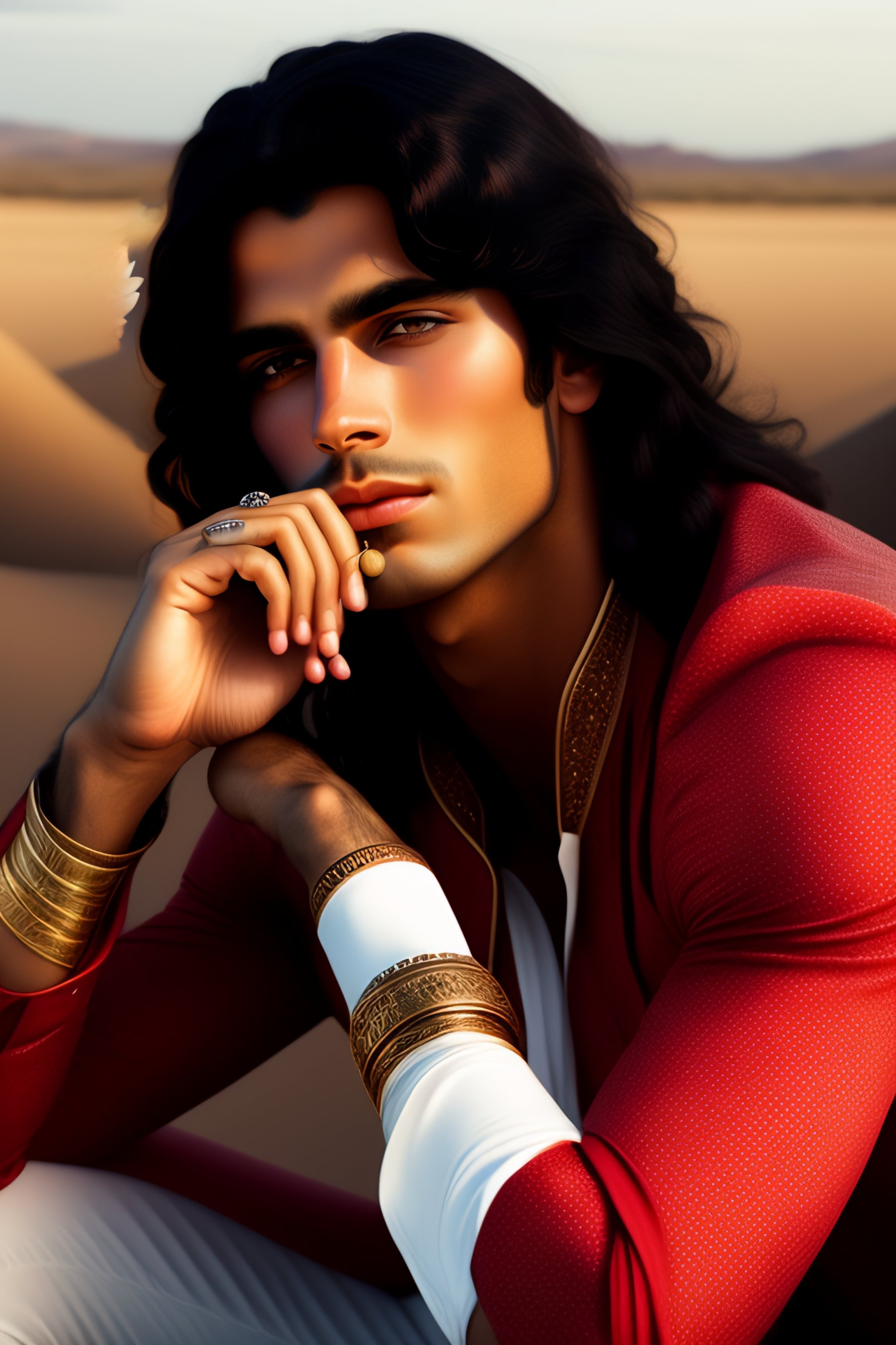 Lexica - A beautiful romani young man with long black hair in cotton ...