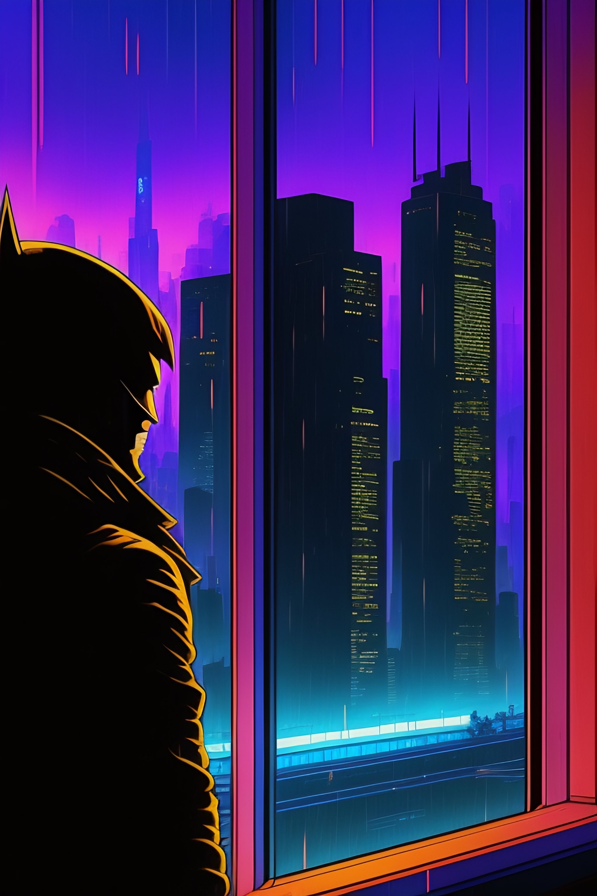 Lexica - Sci-fi noir style. A neon-lit city skyline seen through a ...
