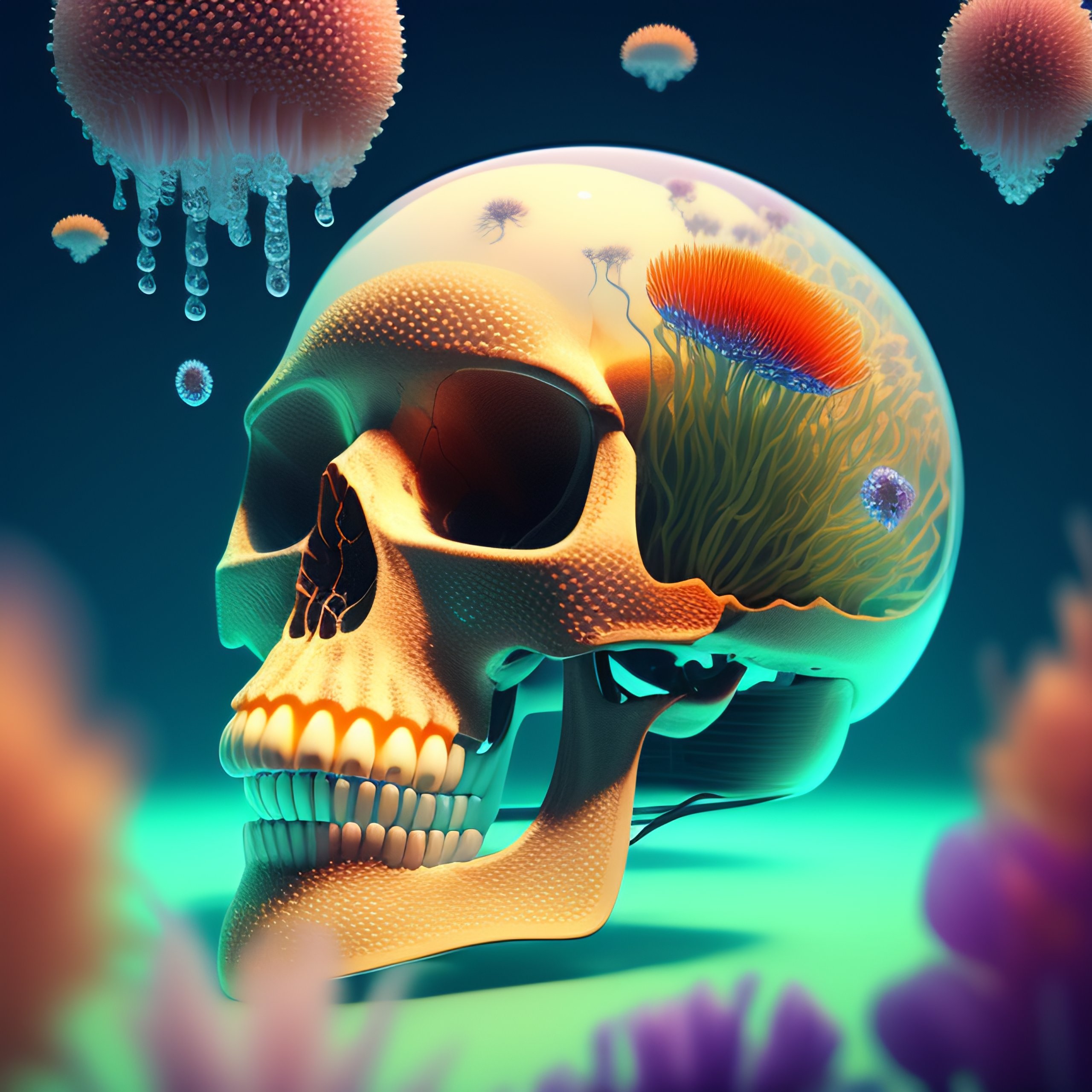 Lexica - A human skull mutating into flowers, underwater, tentacles ...