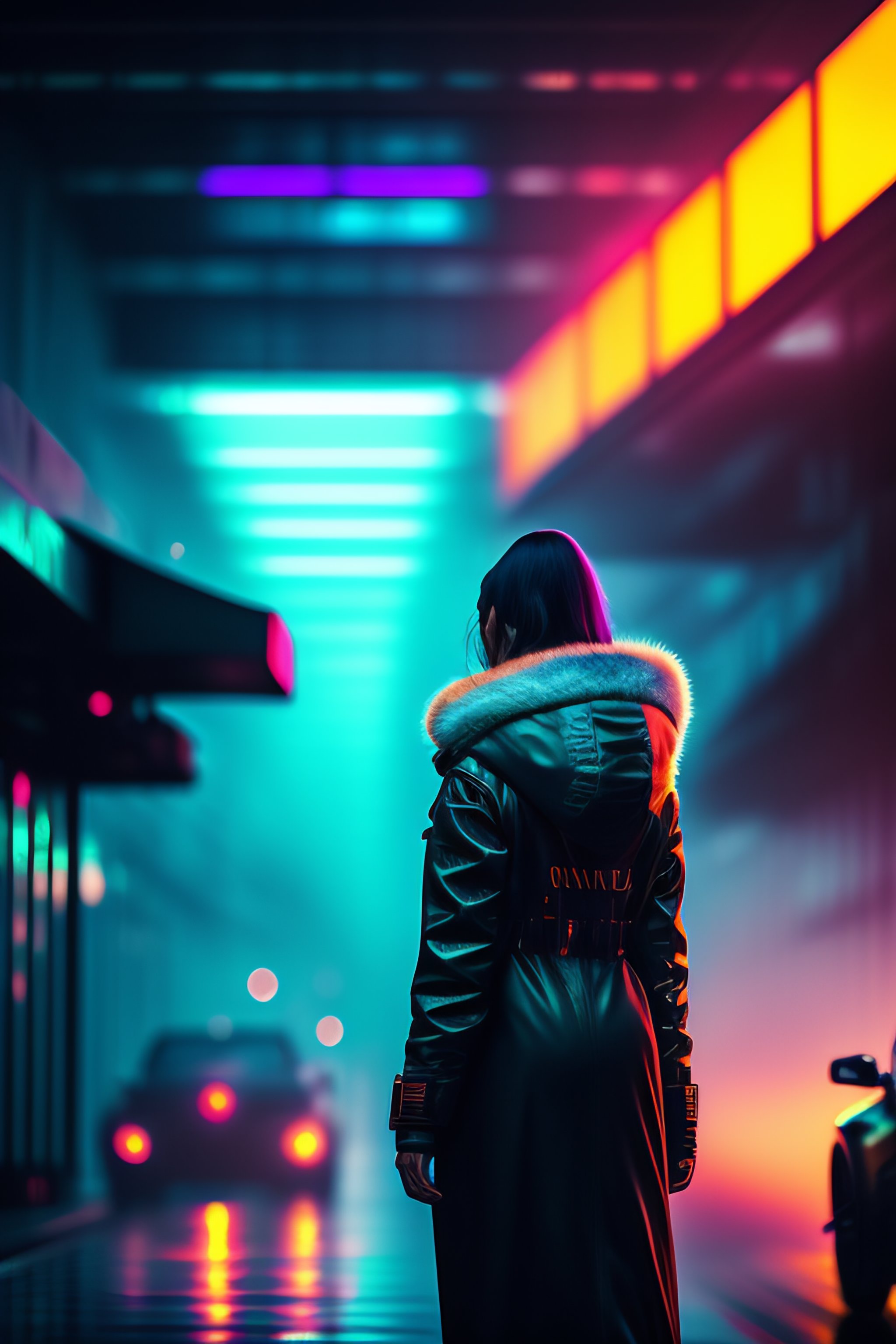 Lexica - Cyberpunk, scifi, woman in big hall, rainy, jungle, neon ...