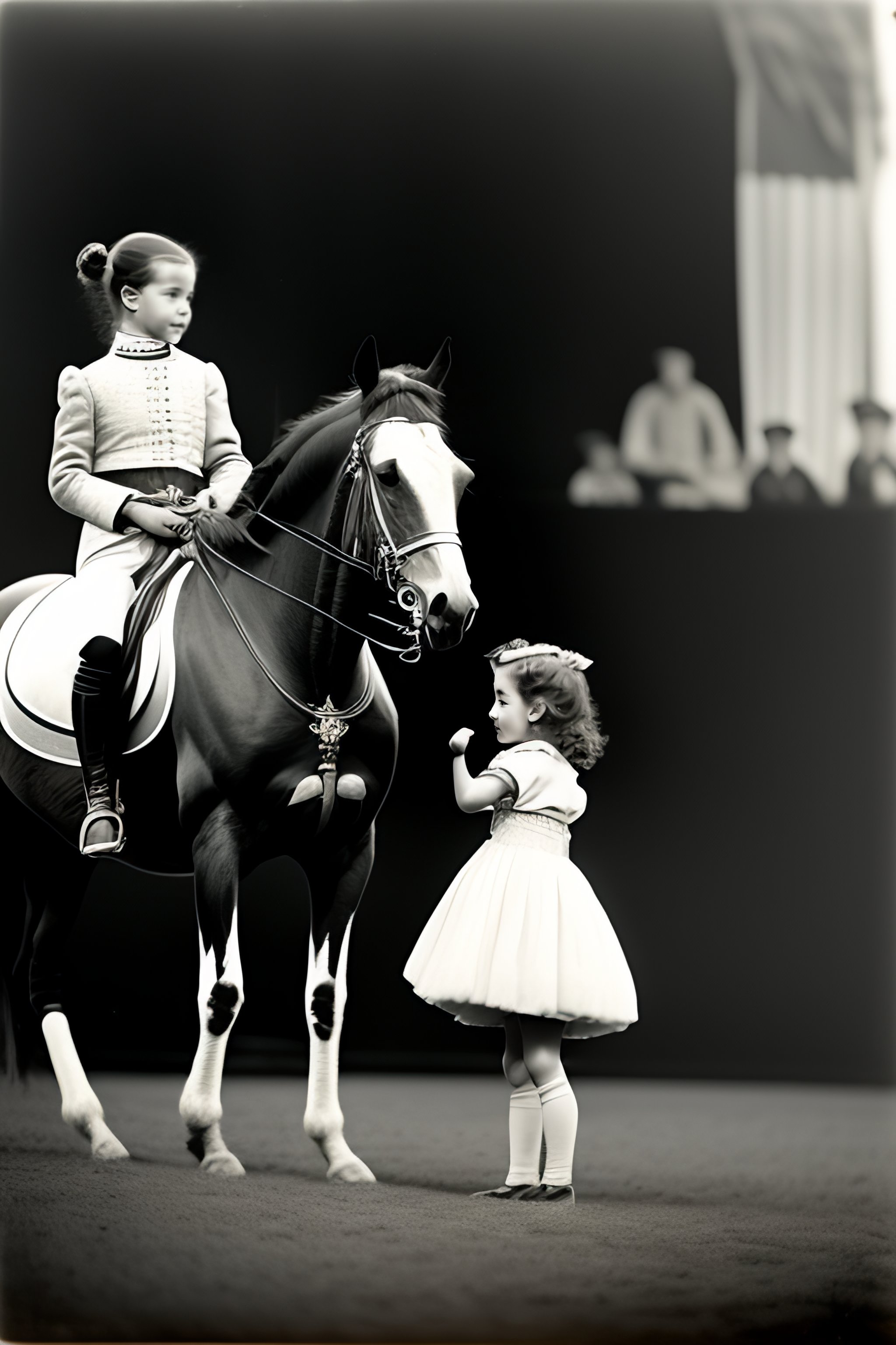 Lexica - Black and white picture of youg girl juping on a horse at the ...