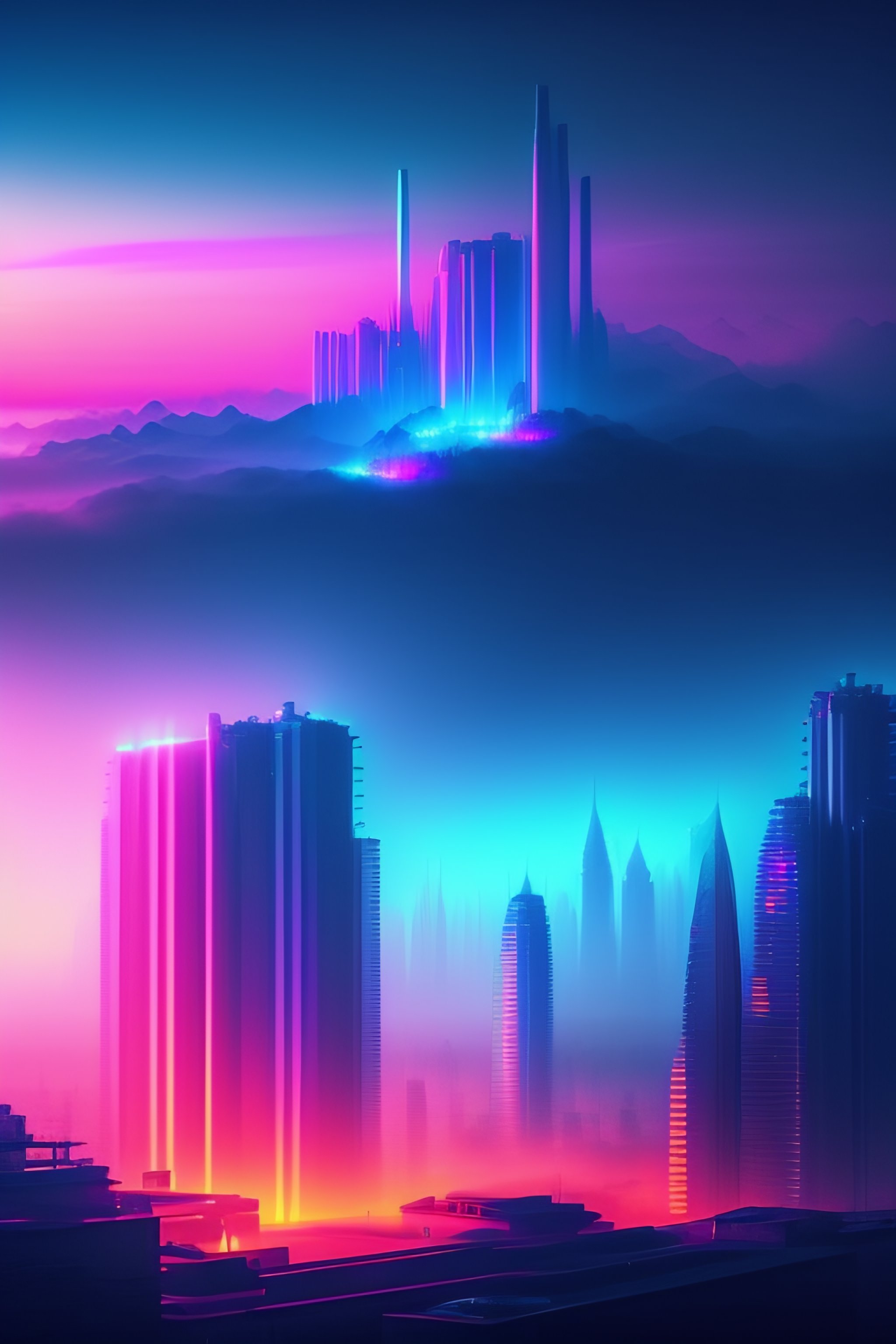 Lexica - Mystical ethereal tropical city with neon lights building and fog