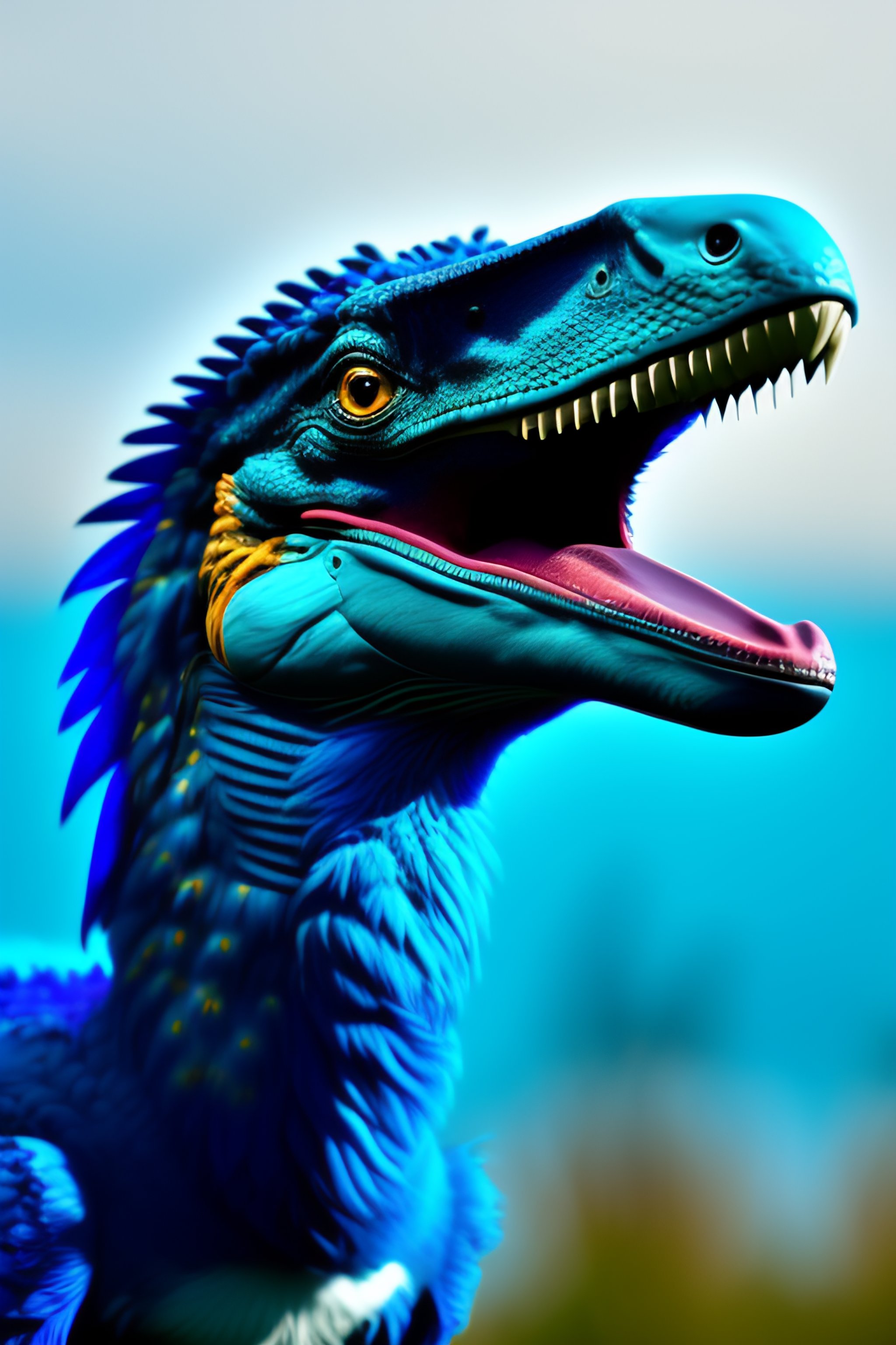 Lexica - Blue velociraptor with feathers and beak
