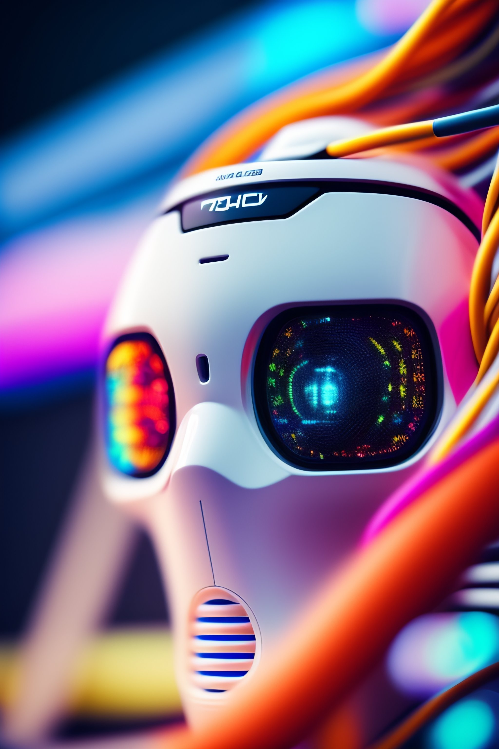 Lexica - Focus on a white robotic head, with cables connected, colorful ...