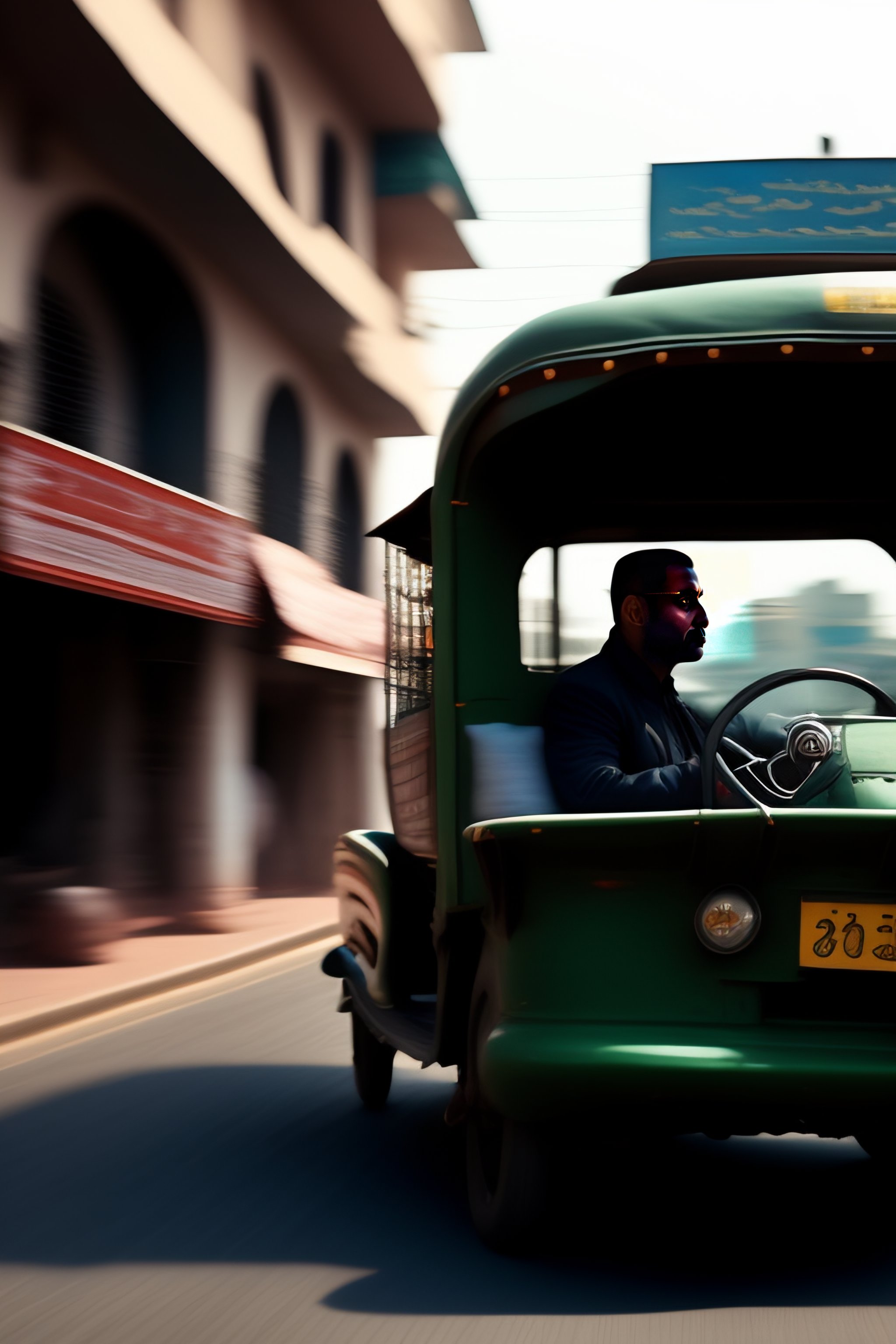 Lexica - The image shows a short, bald, stocky Pakistani man driving an ...