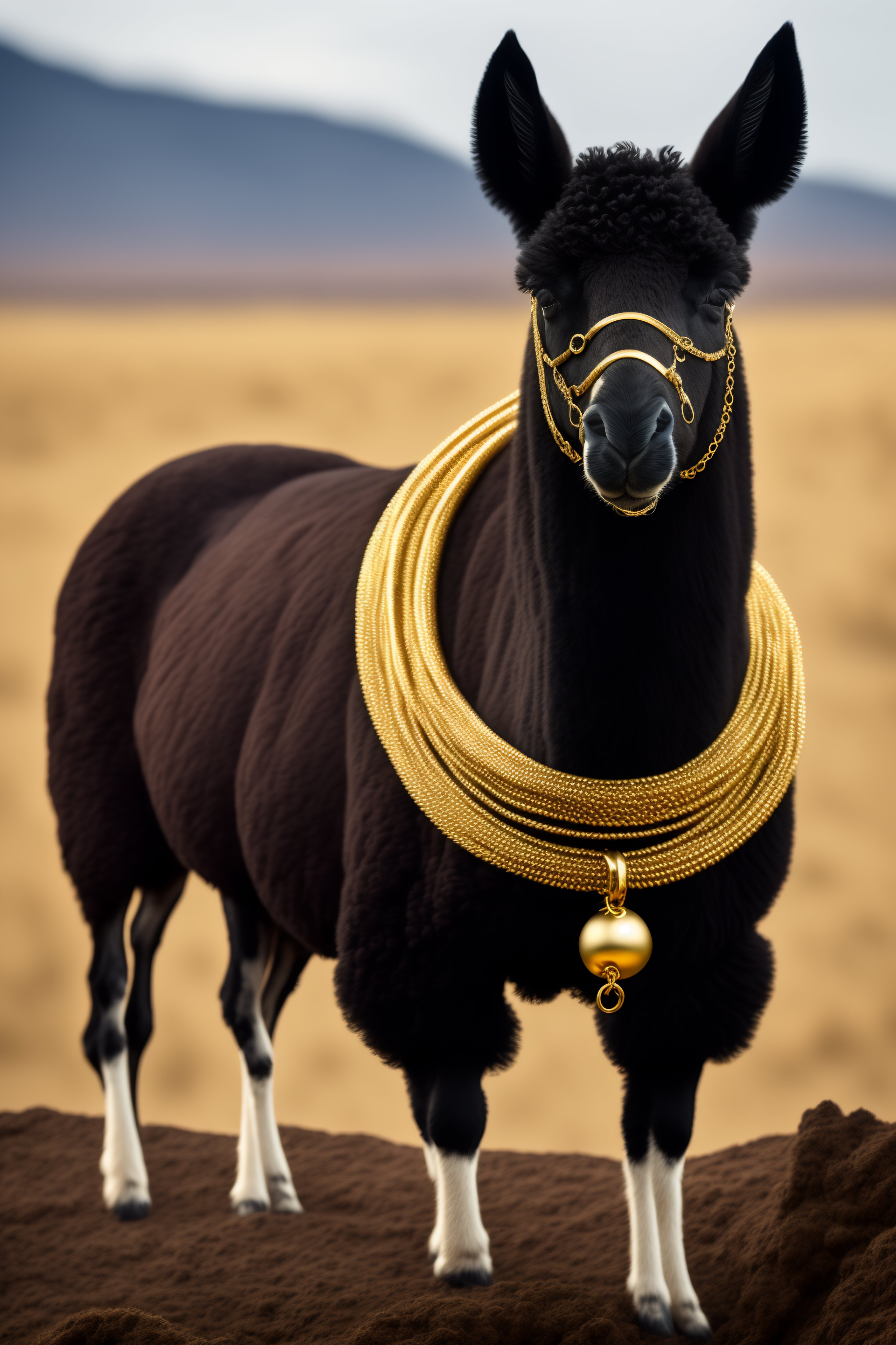 Lexica - A realistic black alpaca with a gold necklace called 43 with a ...