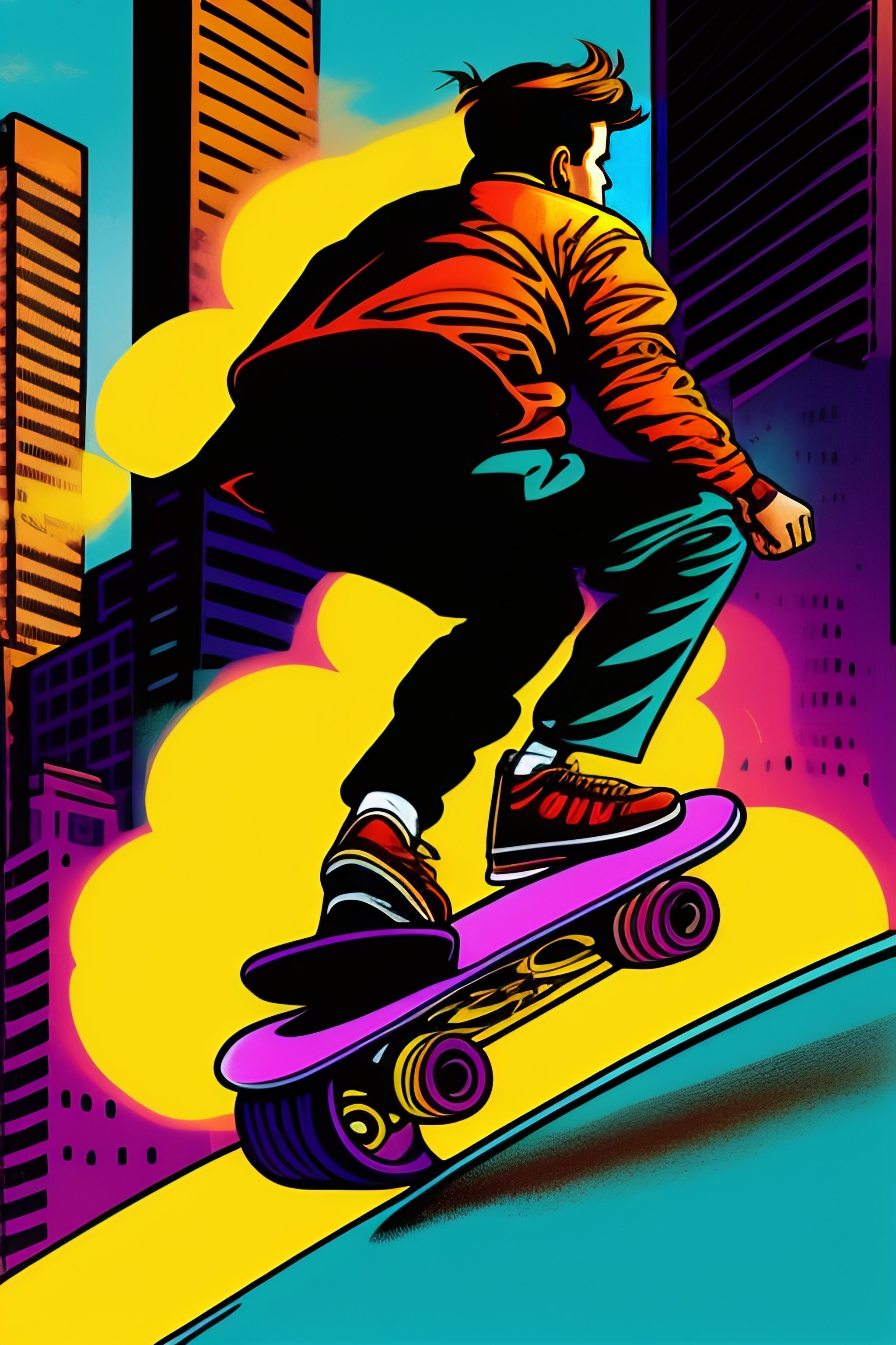 Lexica - 90s comic Graphic art of a person riding skateboards in city