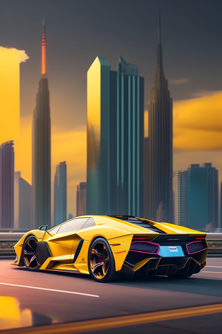 Lexica - A futuristic yellow lambo parked in front of a city ...