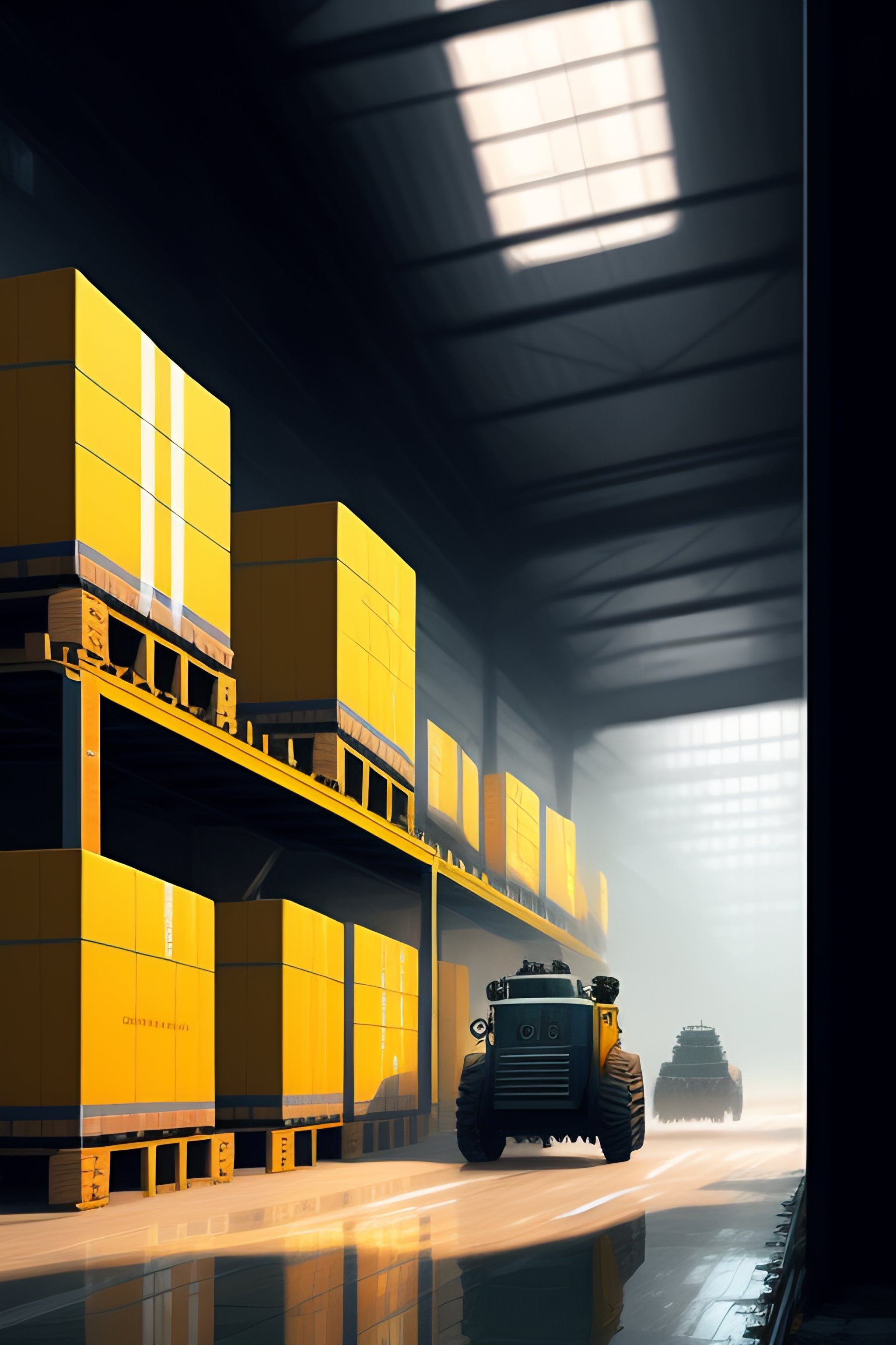 Lexica - Interior of a warehouse filled with boxes, watercolored, jakub ...