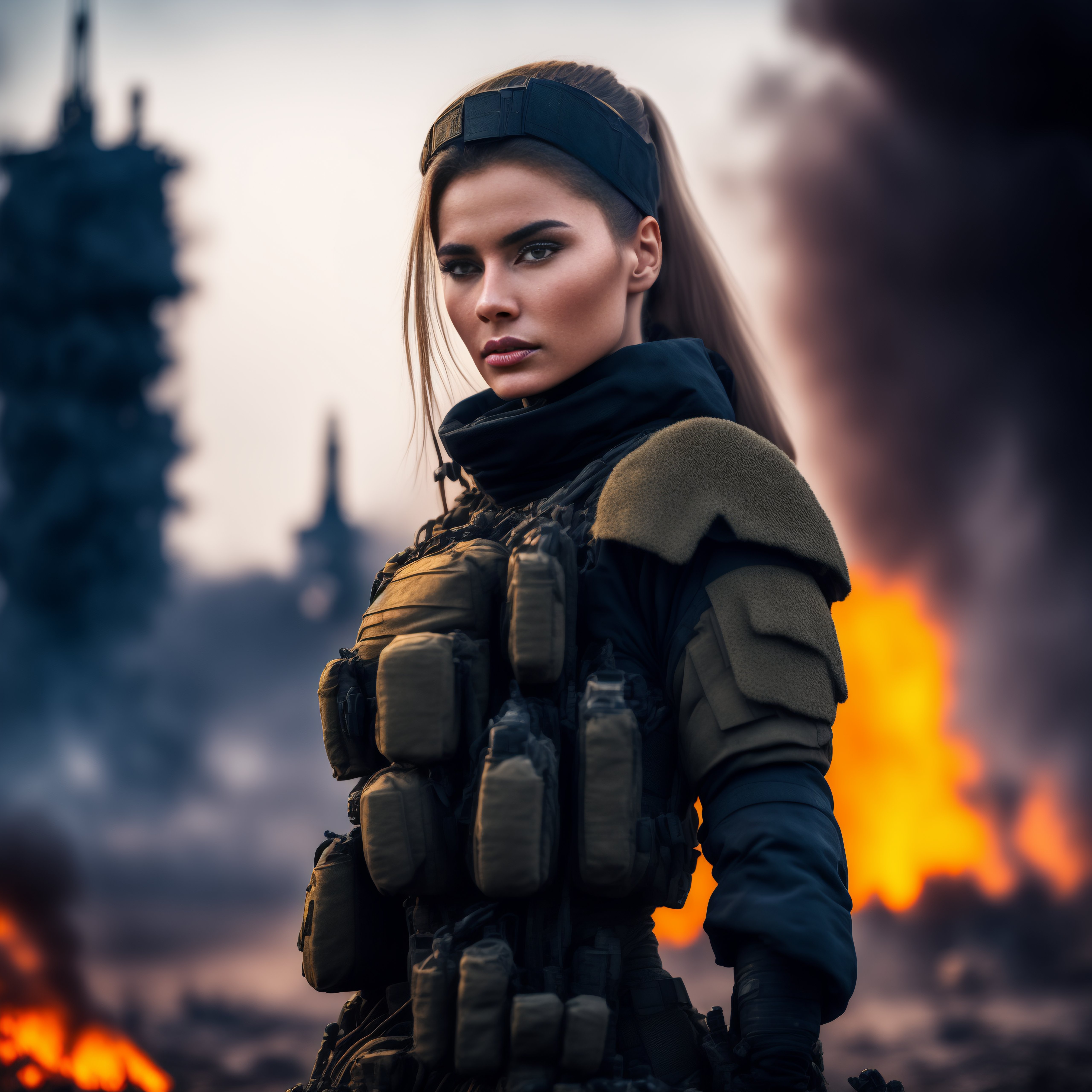 Lexica - A cyber beautiful Russian Moscow girl warrior in a burnt land ...