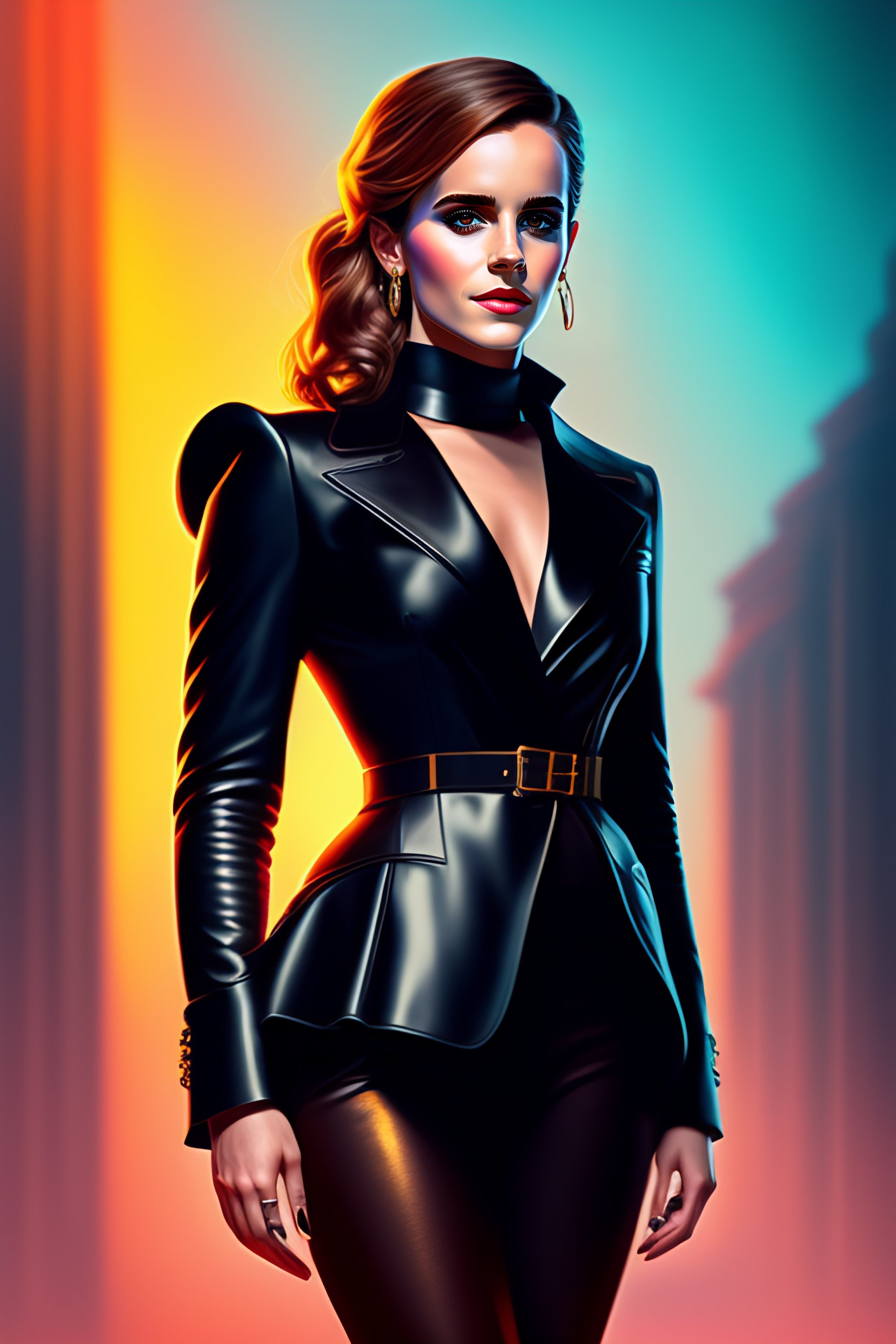 Lexica - Full body portrait of Emma Watson wearing black leather ...