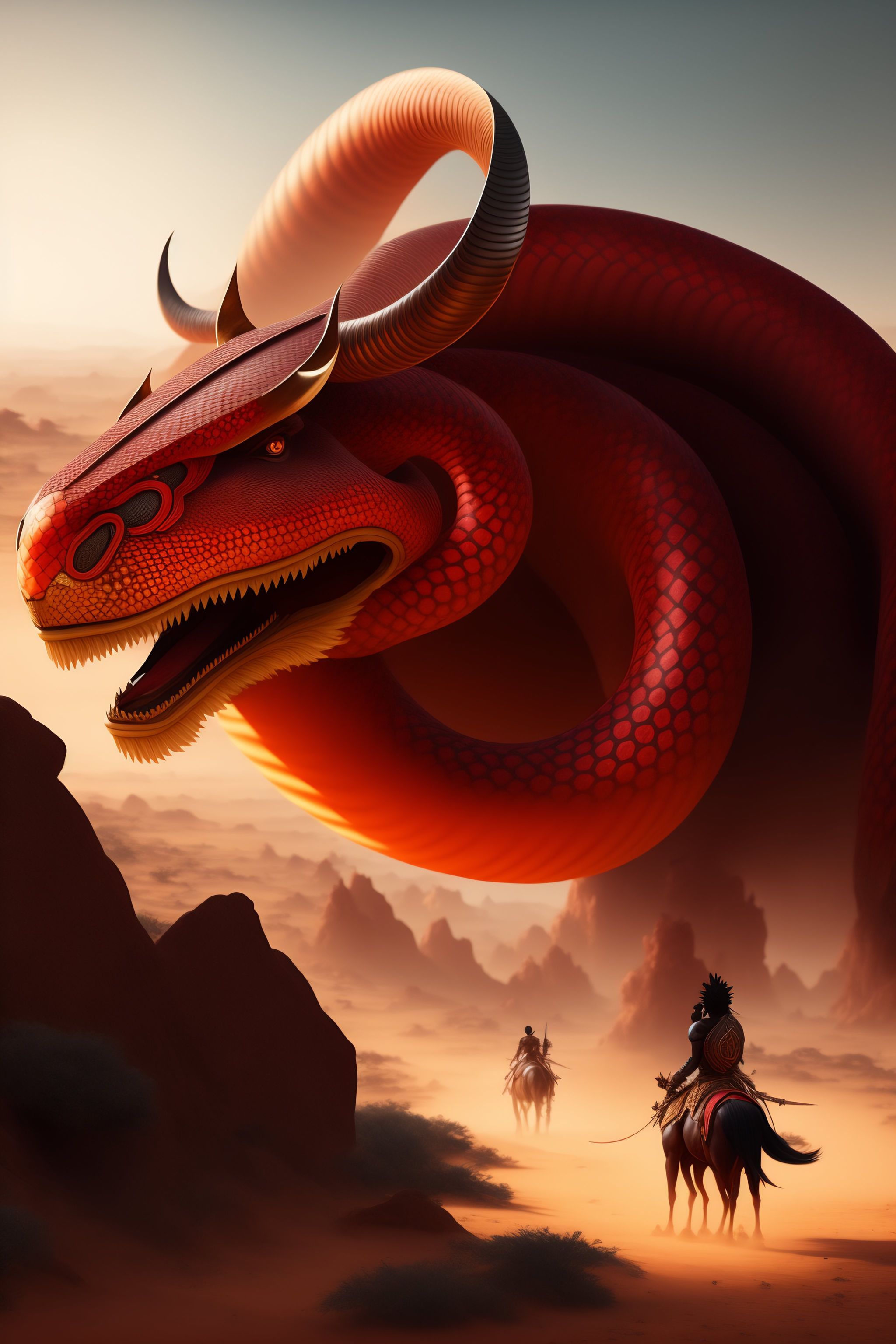 Lexica - Two African warriors with backs to camera fight a giant red ...