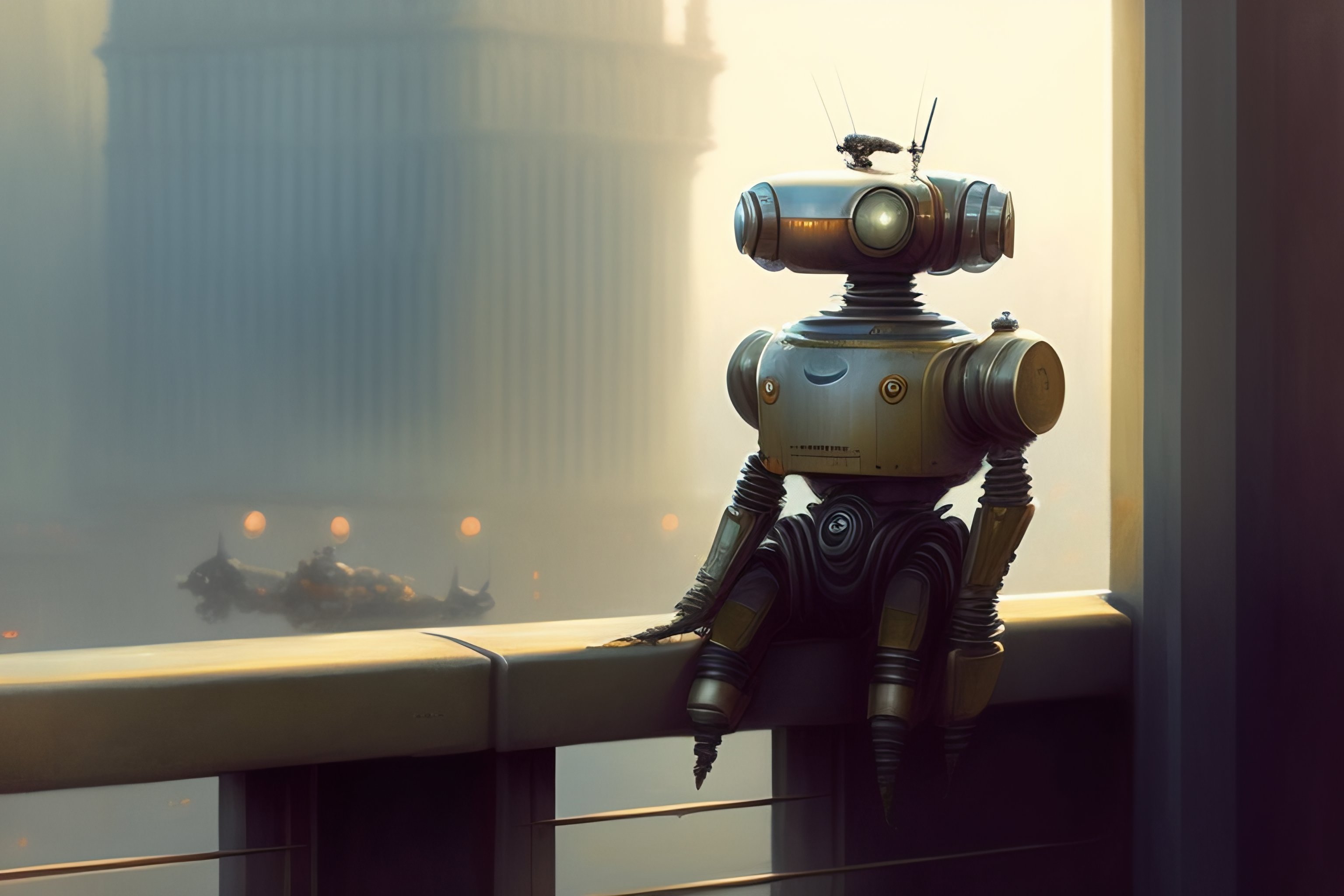 Lexica - (((((1950s robot sitting on a ledge, muted colors, ))))) by ...