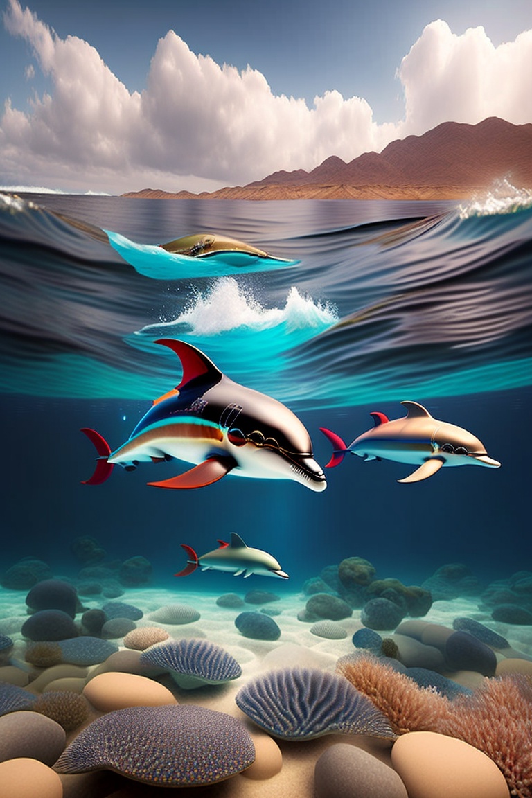 Lexica - Dolphins swim in the air above a dried up sea. realistic ...